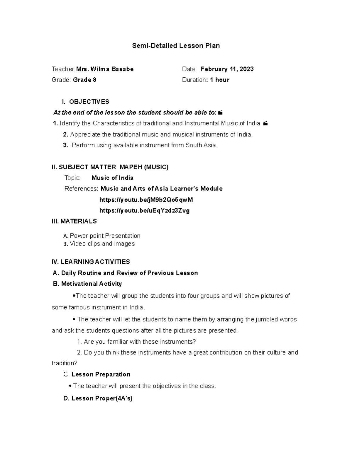 A SEMI- Detailed Lesson PLAN- Music OF India - Semi-Detailed Lesson ...