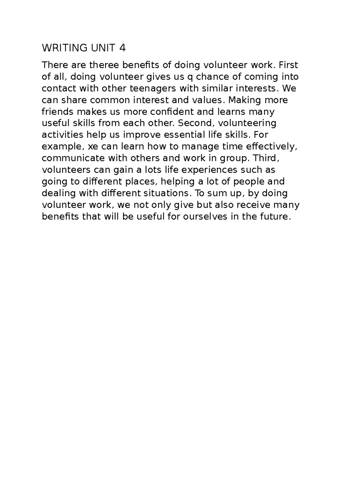 Writing Unit 4: Benefits of Volunteer Work - Studocu