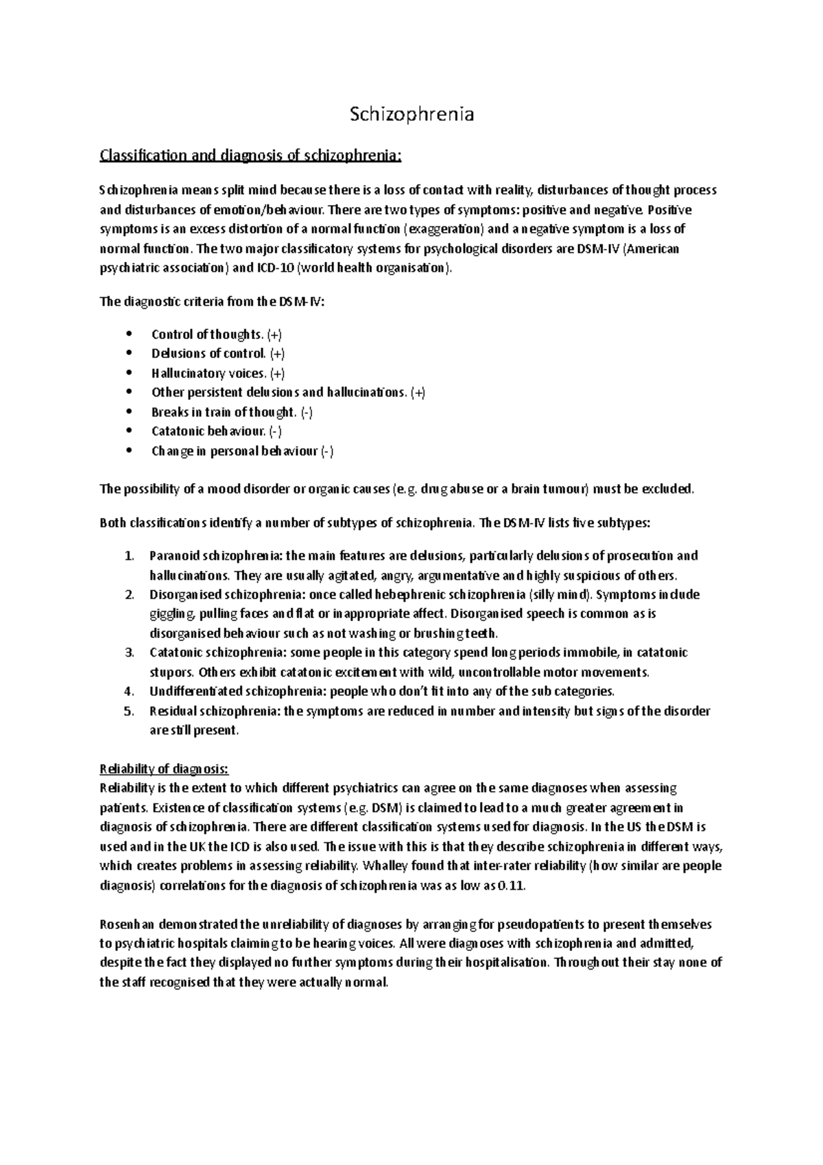 Schizophrenia my notes - Schizophrenia Classification and diagnosis of ...