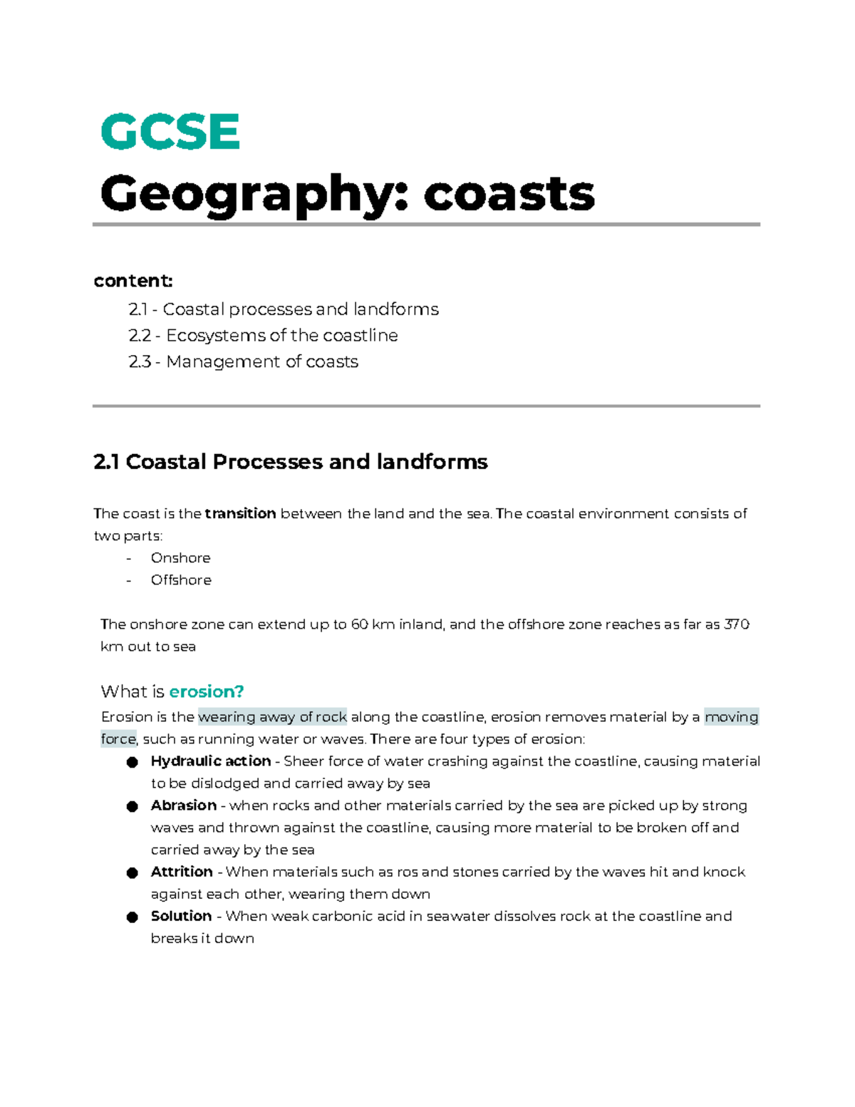 GCSE Geography: Coasts - Key Processes and Ecosystem Management - Studocu