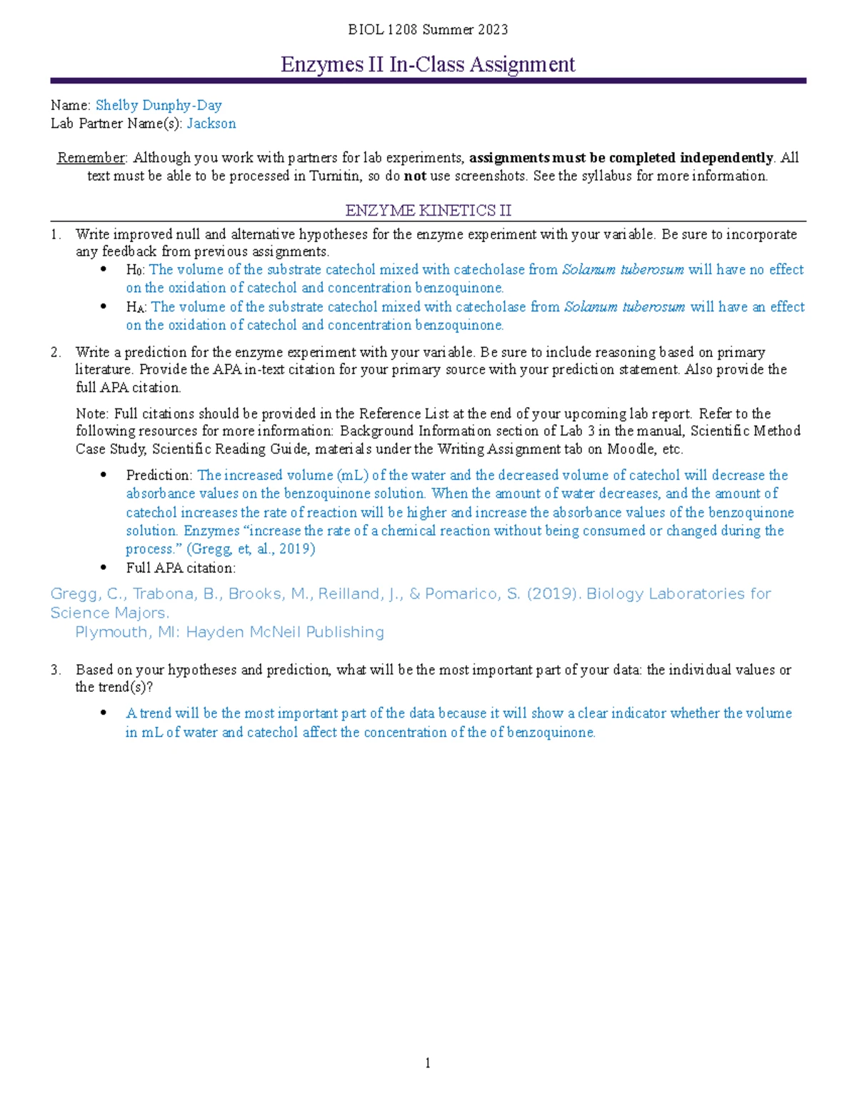 BIO 1208 Enzymes I In-Class Assignment: Experimental Design & Data ...
