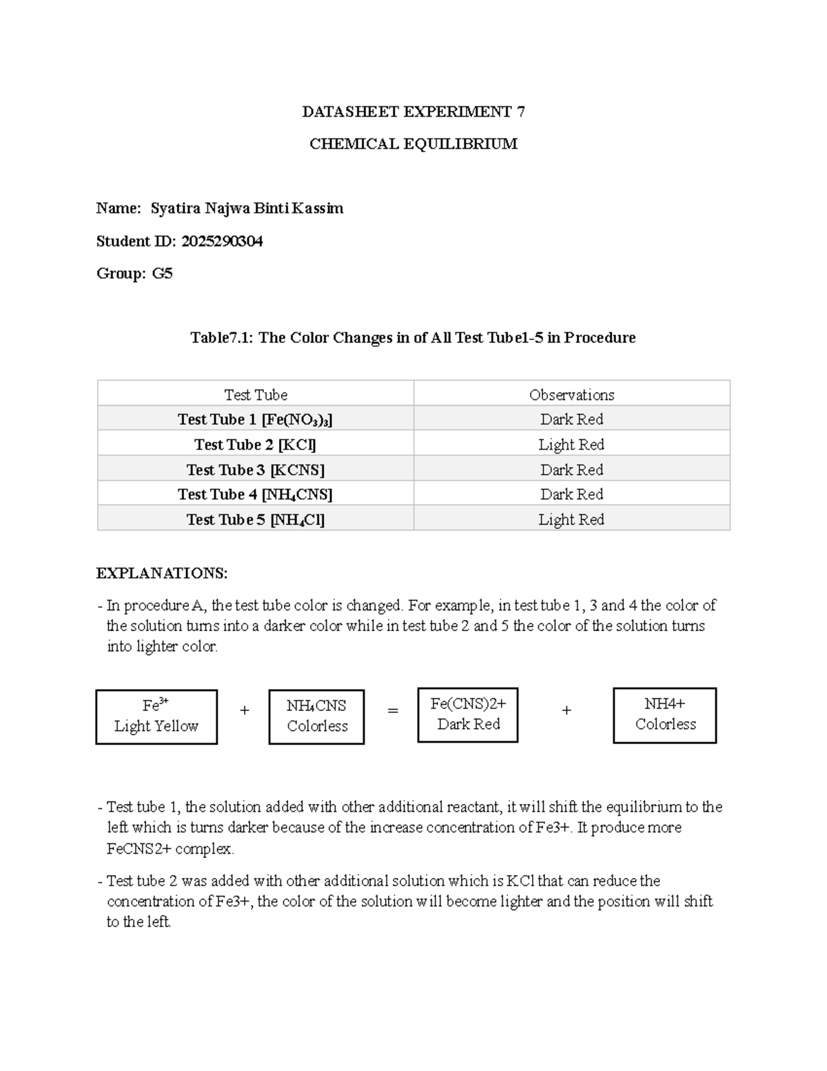 DATASHEET EXPERIMENT 7: CHEMICAL EQUILIBRIUM OBSERVATIONS - Studocu