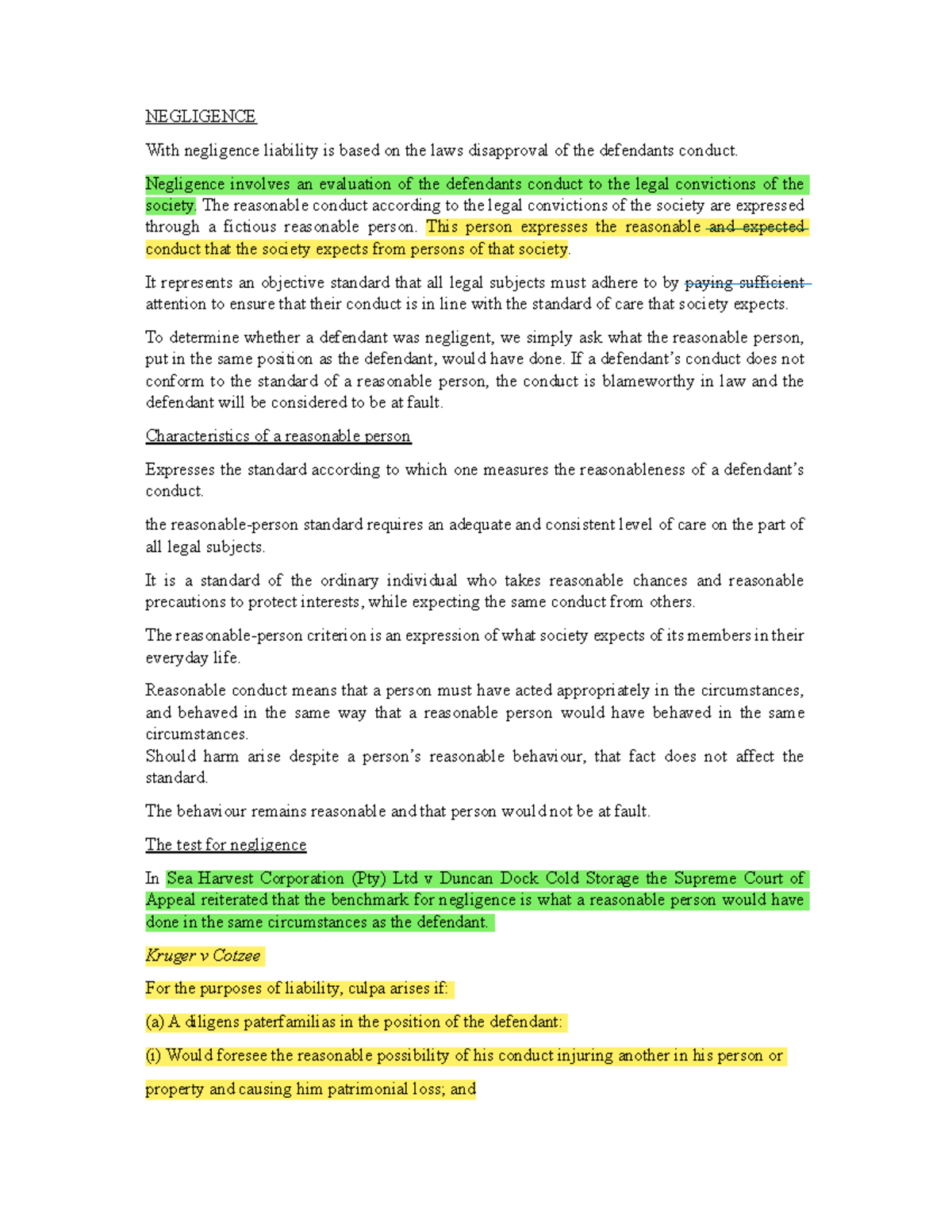 LAW 201: Delict - Notes on Negligence and Fault Principles - Studocu