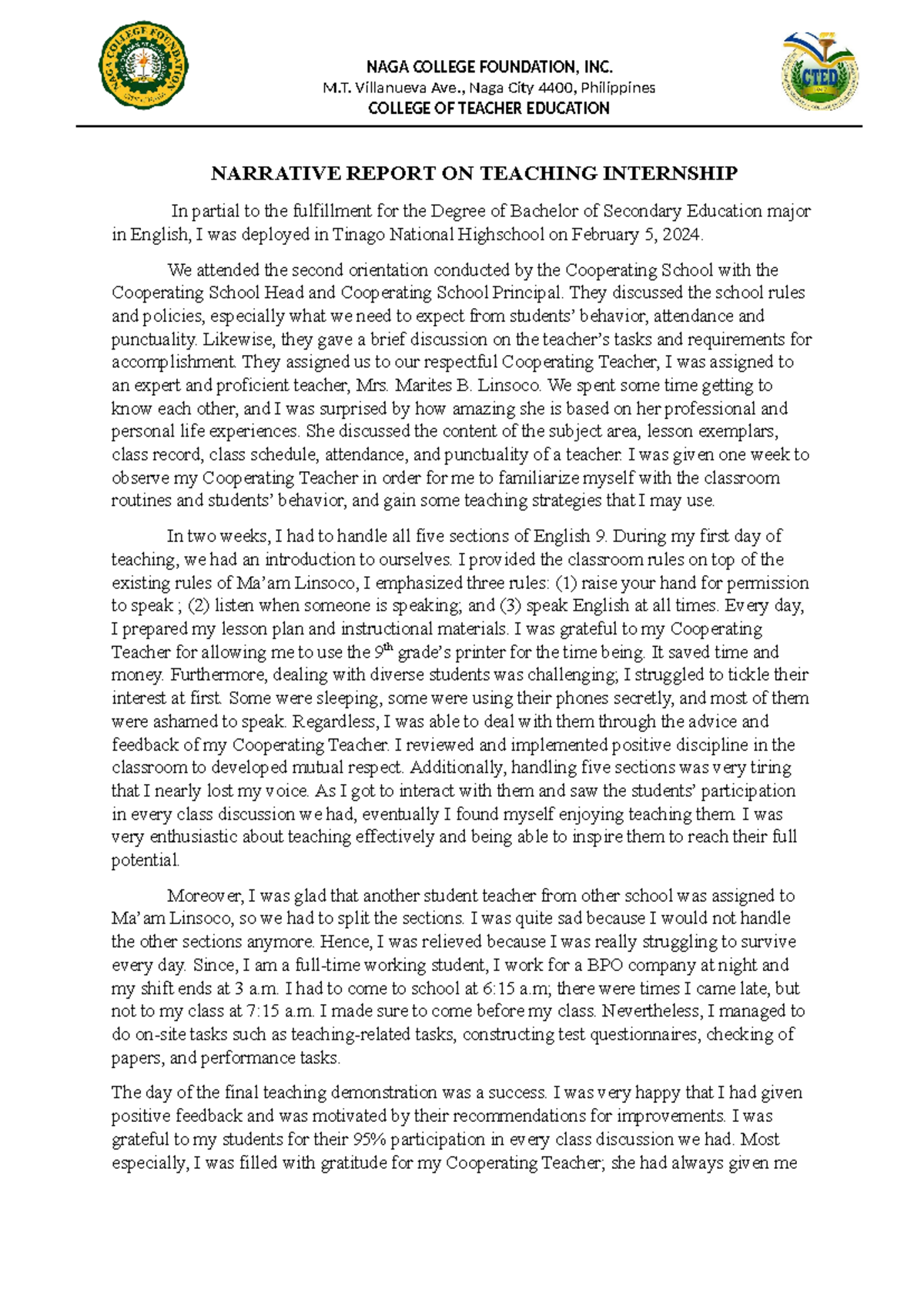 NARRATIVE REPORT ON TEACHING INTERNSHIP - BSEd English 2024 - Studocu