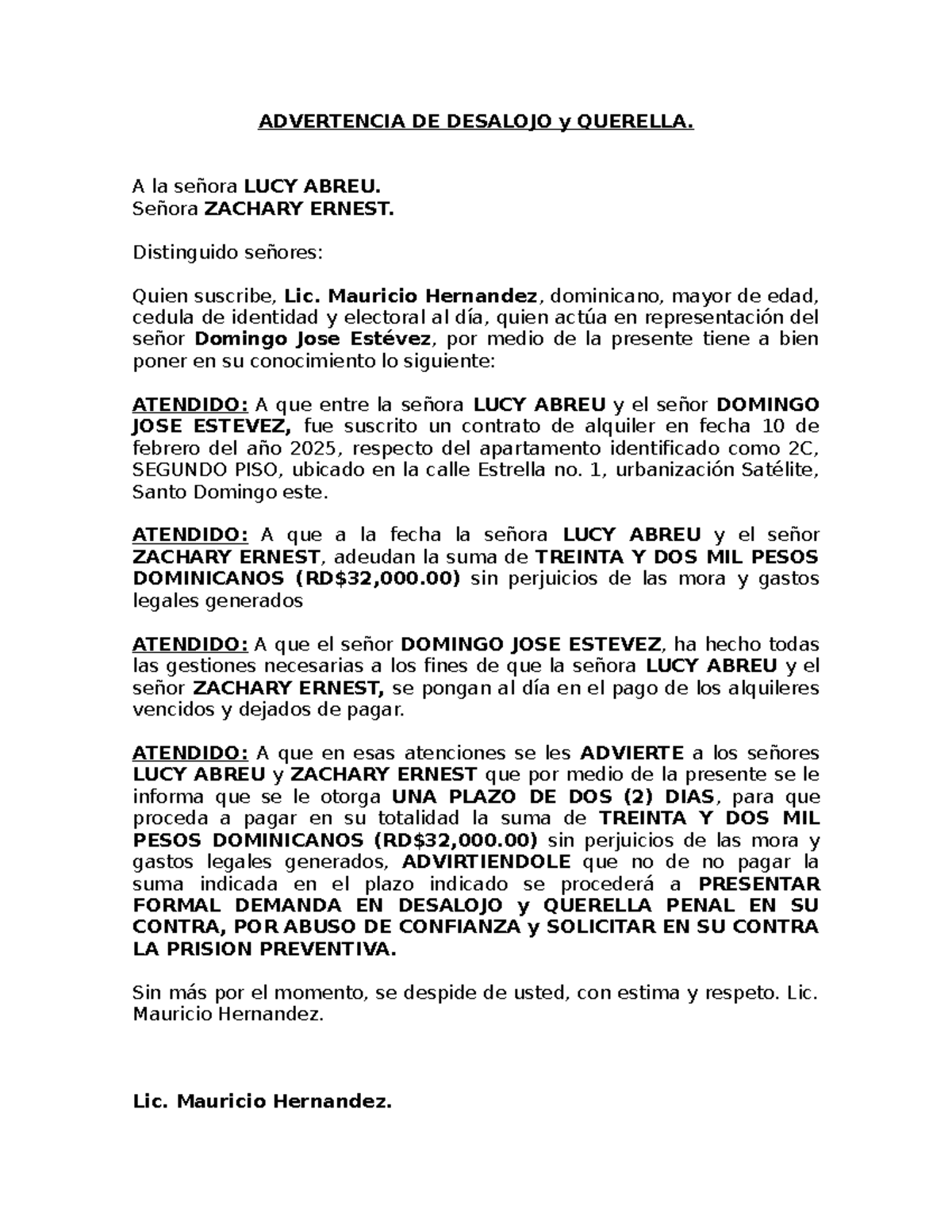 Advertencia de Desalojo y Querella - Caso L. Abreu y Z. Ernest - Studocu