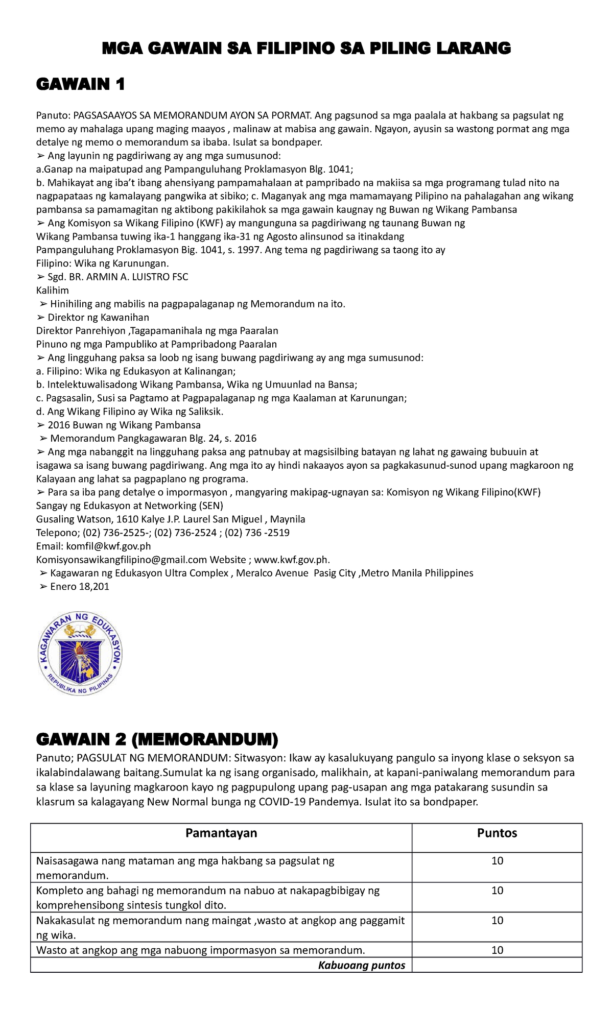 MGA Gawain sa Filipino: Pagsulat ng Memorandum at Adyenda - Studocu
