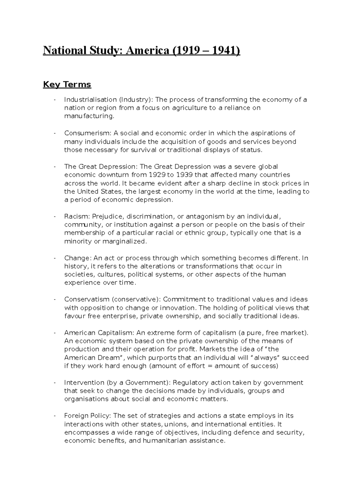 USA 1919-1941: Key Terms and Concepts for Revision - Studocu
