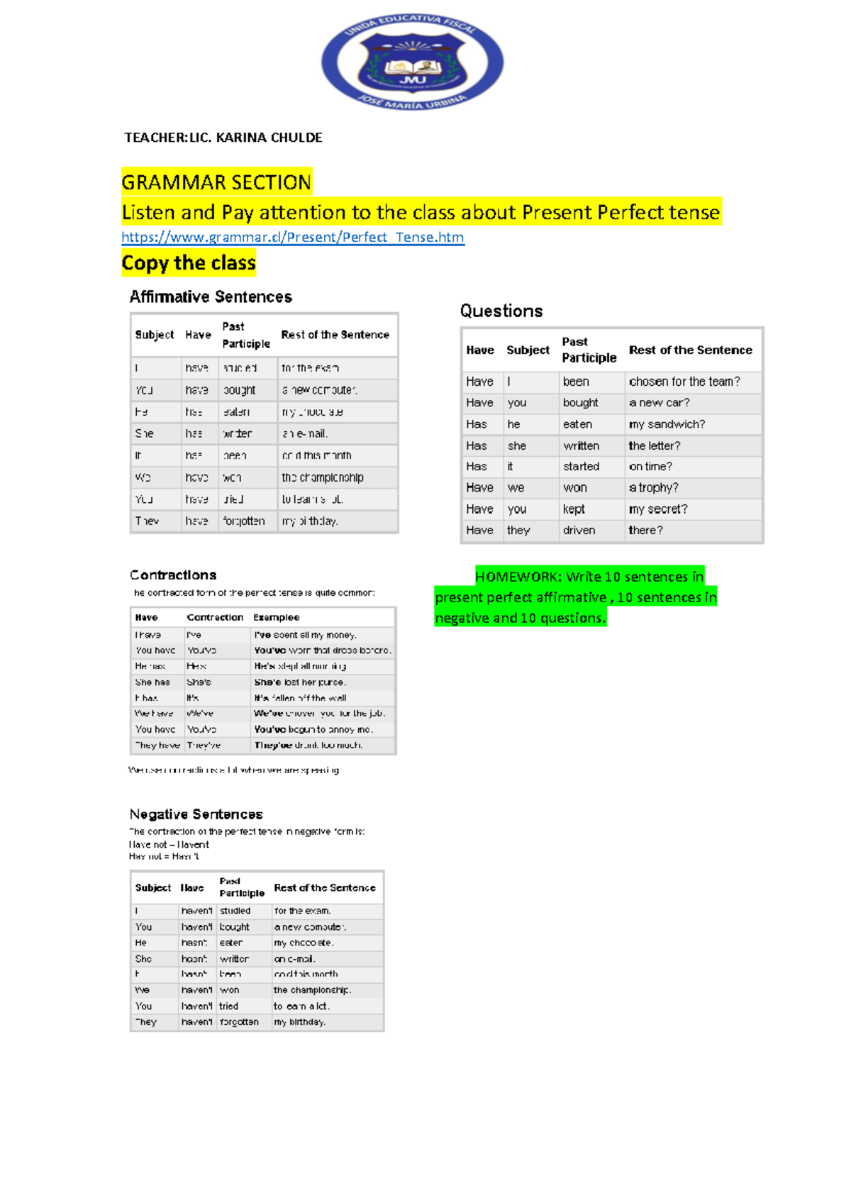 Grammar Section - Ingles I - TEACHER:LIC. KARINA CHULDE GRAMMAR SECTION ...