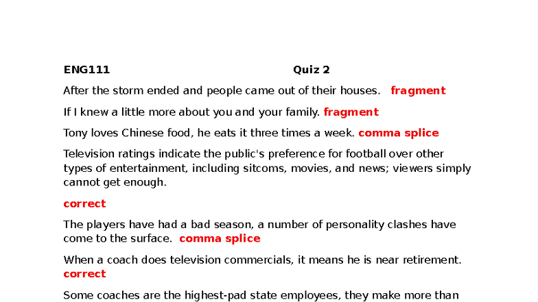 ENG111 - Quiz 2: Comma Splices and Run-on Sentences Analysis - Studocu