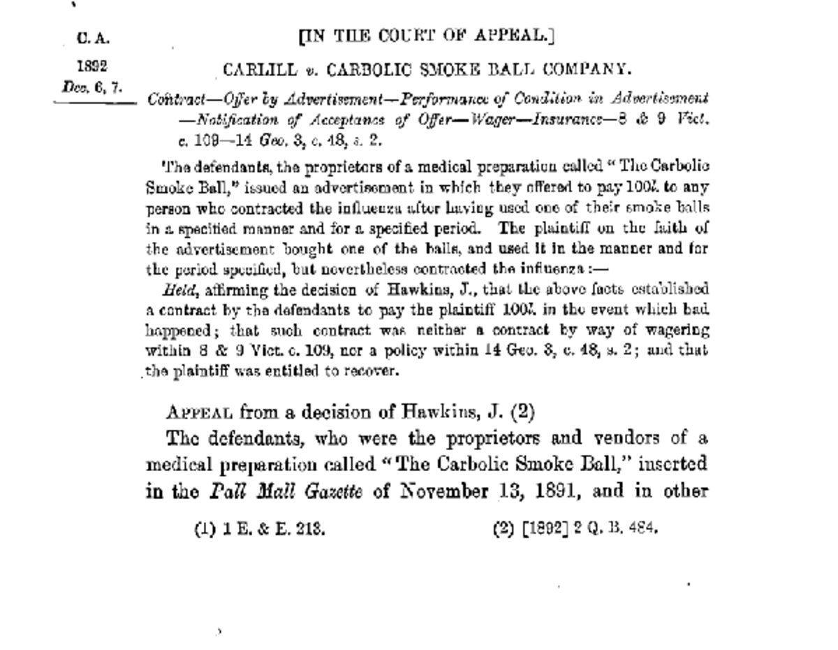 C.A. Final Exam: Carlill v. Carbolic Smoke Ball Co. Case Study Analysis ...