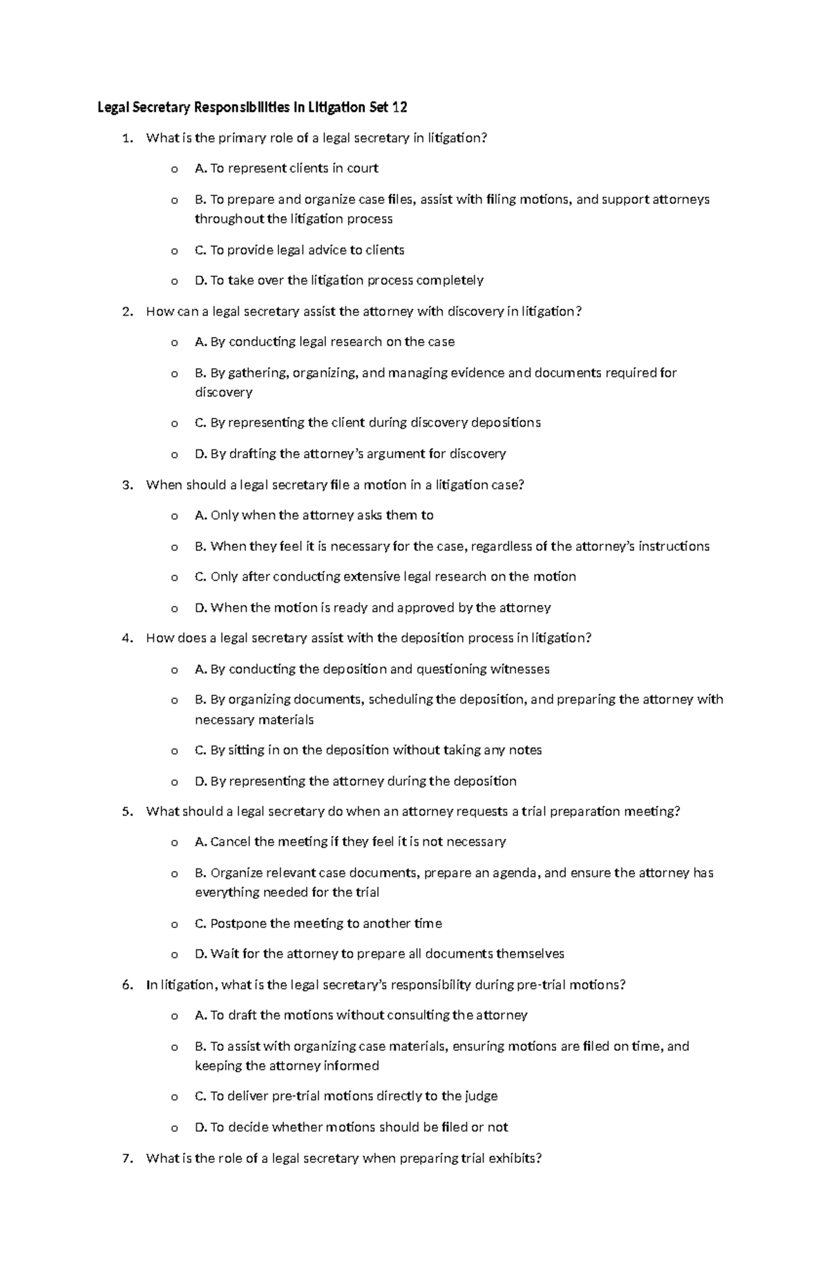 Legal Secretary Responsibilities in Litigation Set 12 - What is the ...