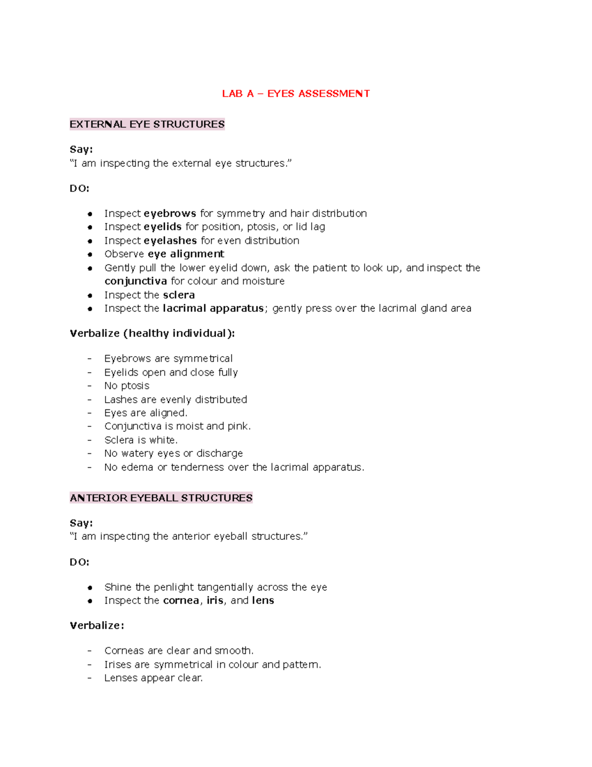 LAB A - EYES Assessment: External Eye Structures & Function - Studocu