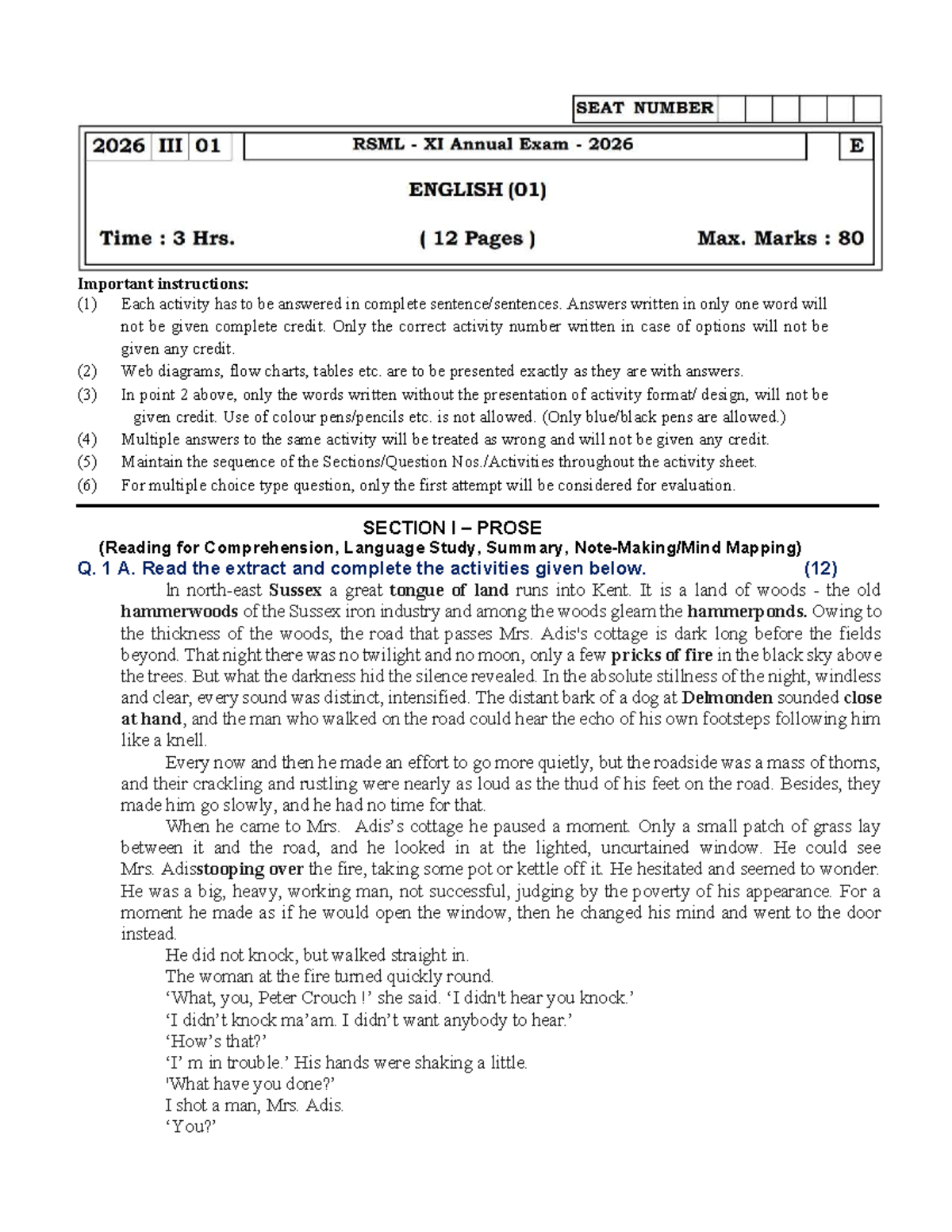 11th English Exam: Important Instructions & Activities (Set 2) - Studocu