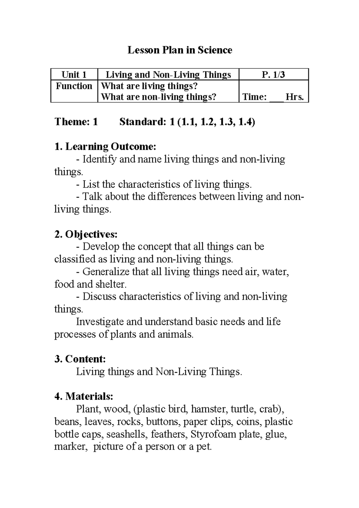 55196351 Science Lesson Plan: Living vs. Non-Living (Grade 1, Unit 1 ...