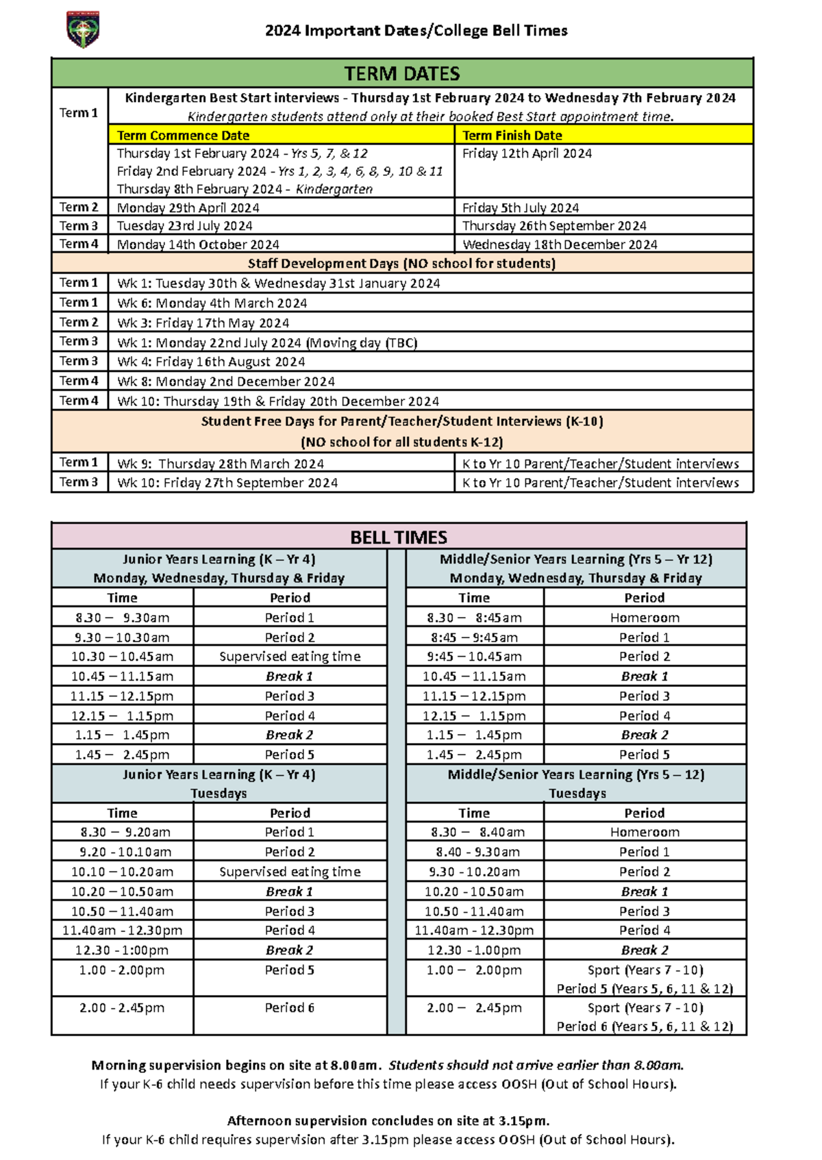2024 Important Dates & Bell Times for Term 1-4 - Studocu