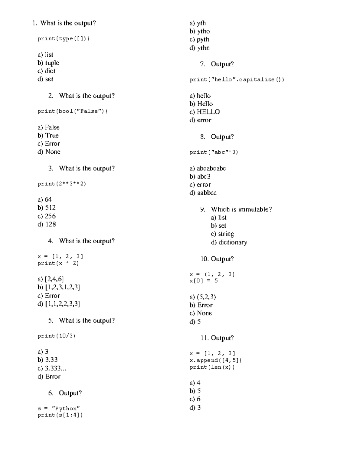 Python MCQ - Output Questions and Answers (CS101) - Studocu