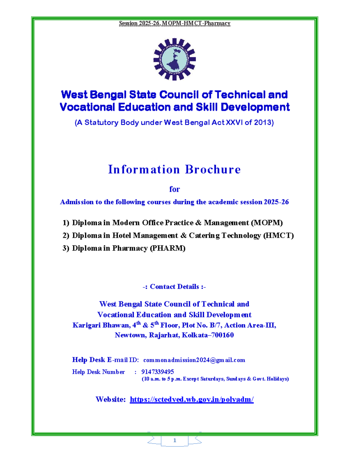 Information Brochure for Admission: Diploma Courses (PHARM, MOPM, HMCT ...
