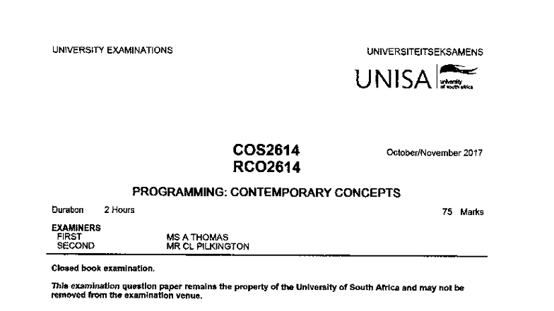 COS2614 2017 Final Exam: Programming Contemporary Concepts - Studocu