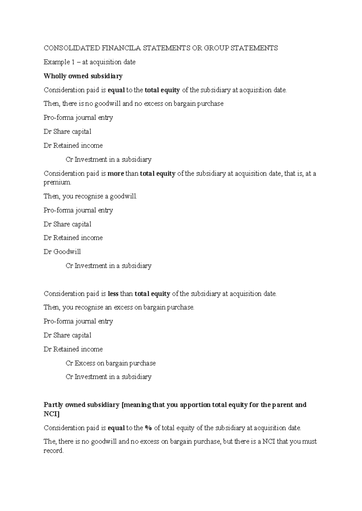 Consolidated Financial Statements: Group Statements Example 1 - Studocu
