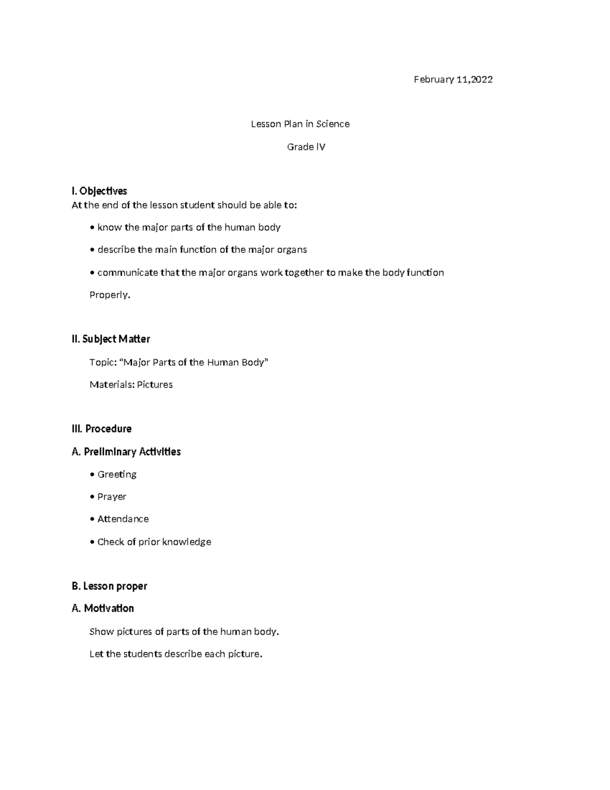 Grade IV Science Lesson Plan: Parts of the Human Body - Studocu