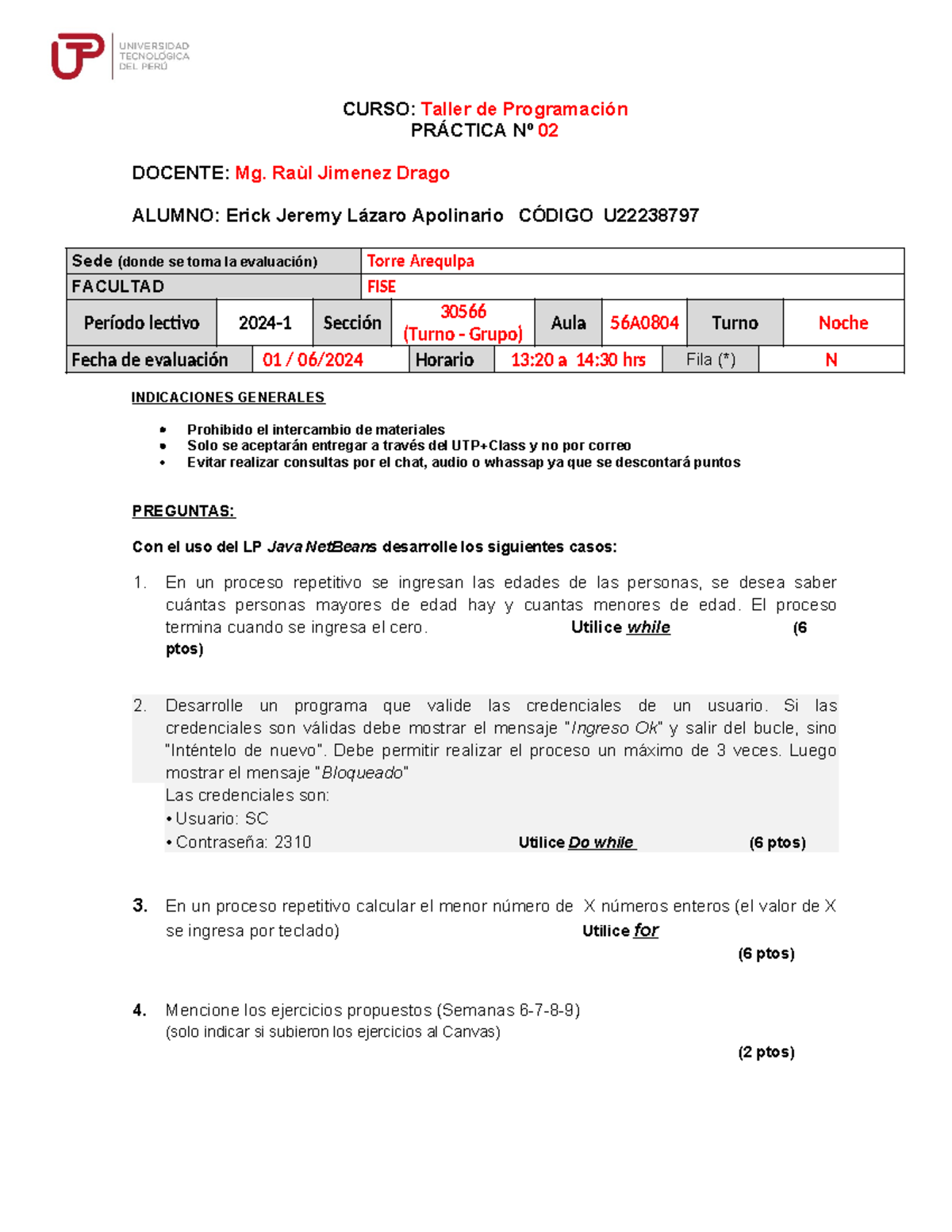 Taller de Programación - Práctica Nº 02 - Erick Lázaro Apolinario - Studocu