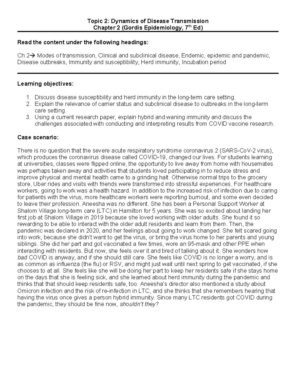 Case Study: Dynamics of Disease Transmission in LTC (F25) - Studocu