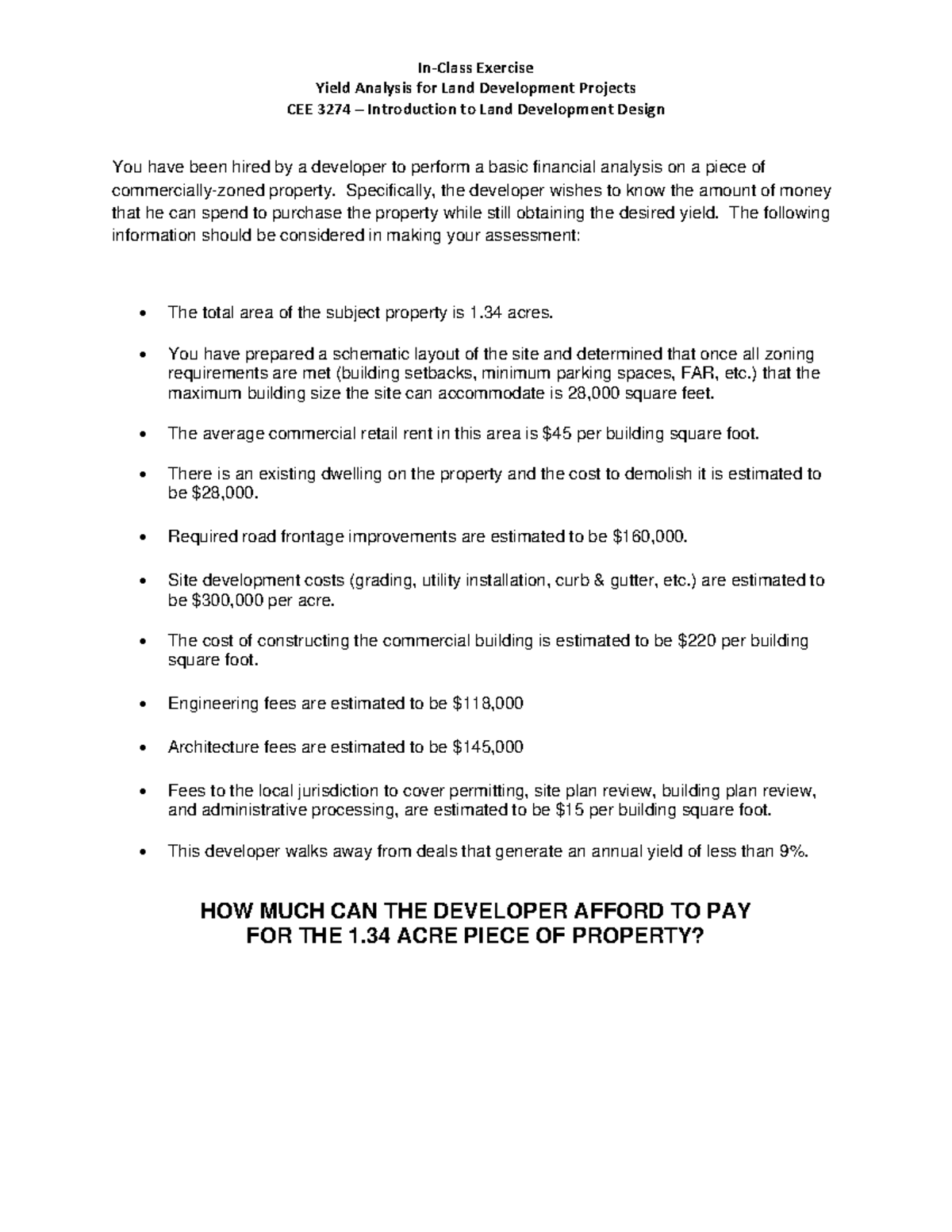 Yield Analysis for Commercial Property - CEE 3274 In-Class Exercise ...