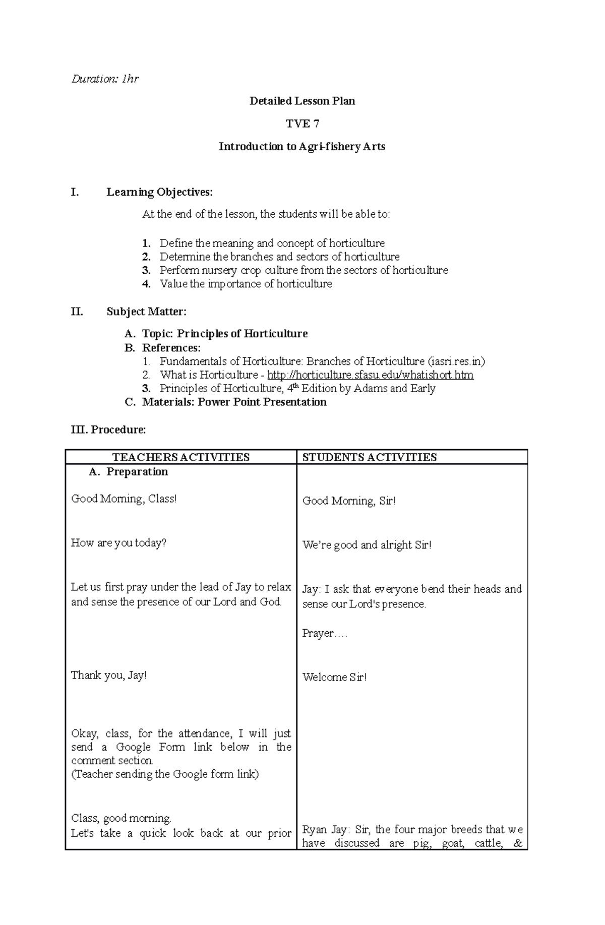 TVE 7 Detailed Lesson Plan on Principles of Horticulture - Studocu