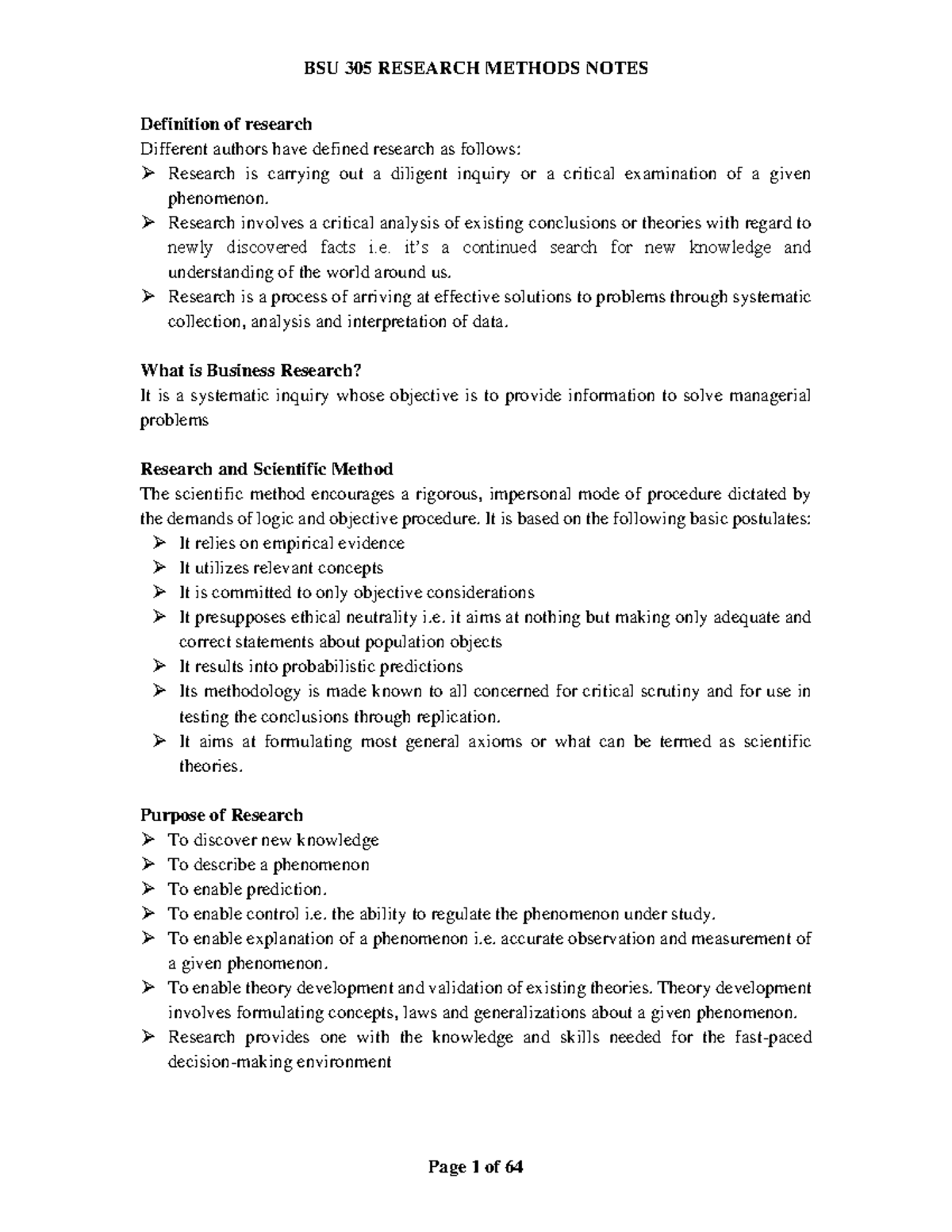 BSU 305 RESEARCH METHODS: Comprehensive Study Notes - Studocu