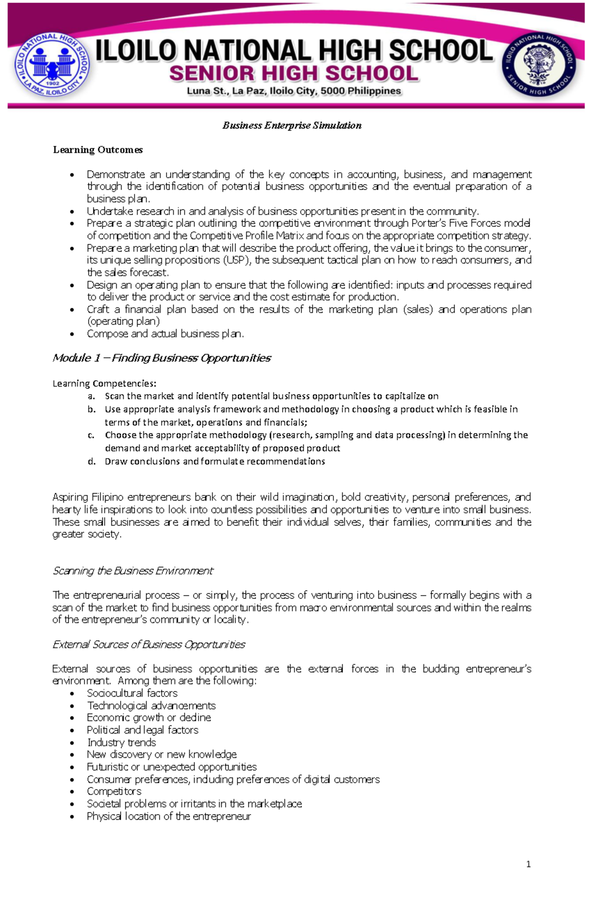 Business Enterprise Simulation: Module 1 - Identifying Opportunities ...