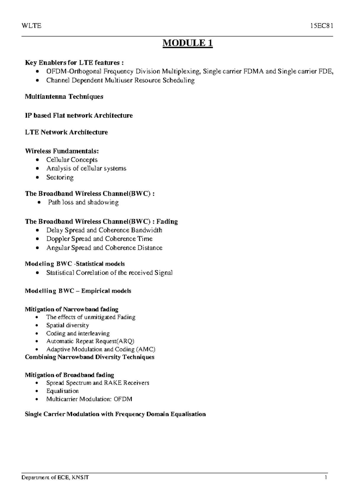 Final WLTE Full Notes - MODULE 1 Key Enablers for LTE features : OFDM ...