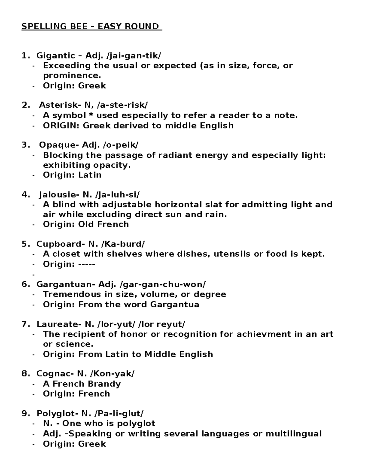 Spelling Bee Vocabulary: Easy, Average & Difficult (LOWE) - Studocu