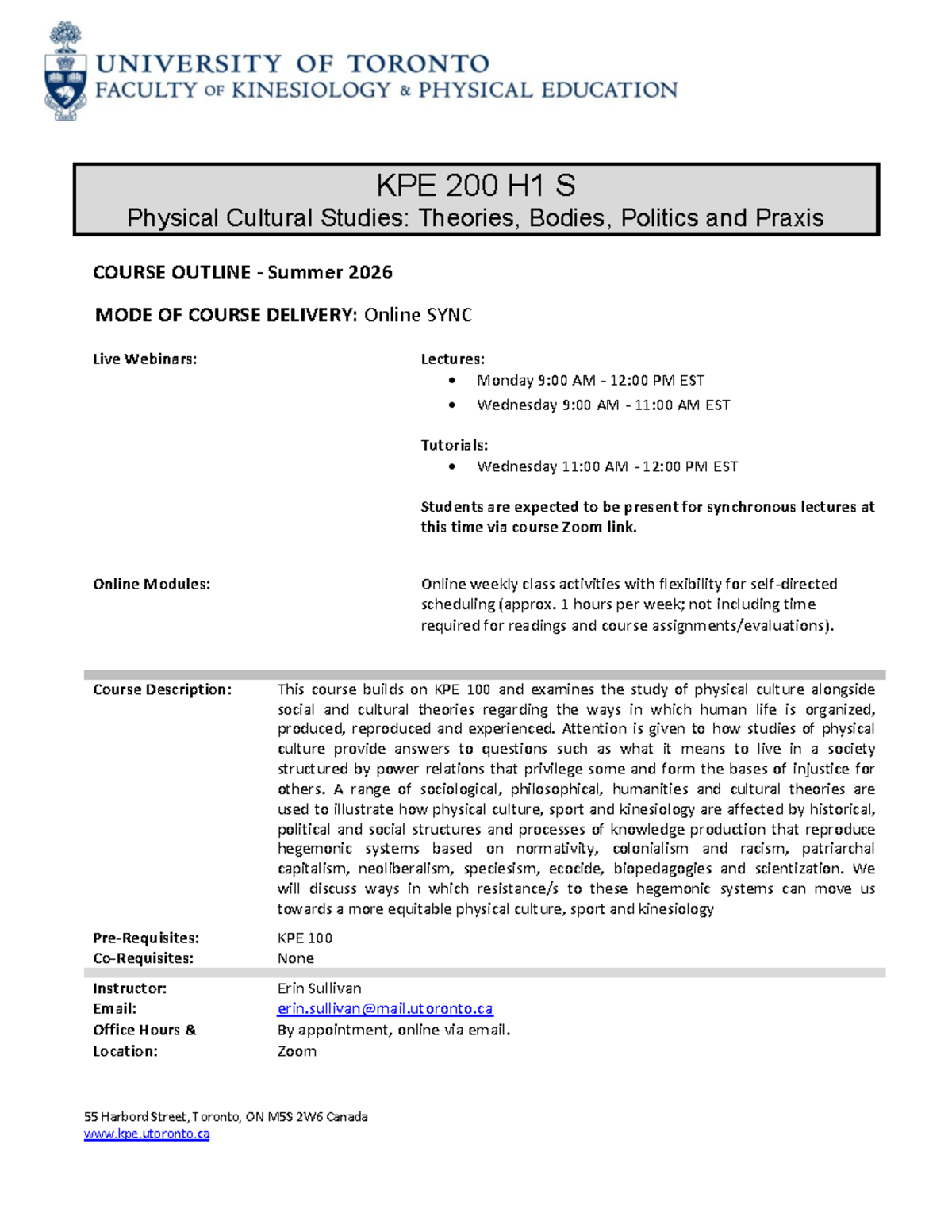 KPE 200 H1 S: Physical Cultural Studies Course Outline - Summer 2026 ...