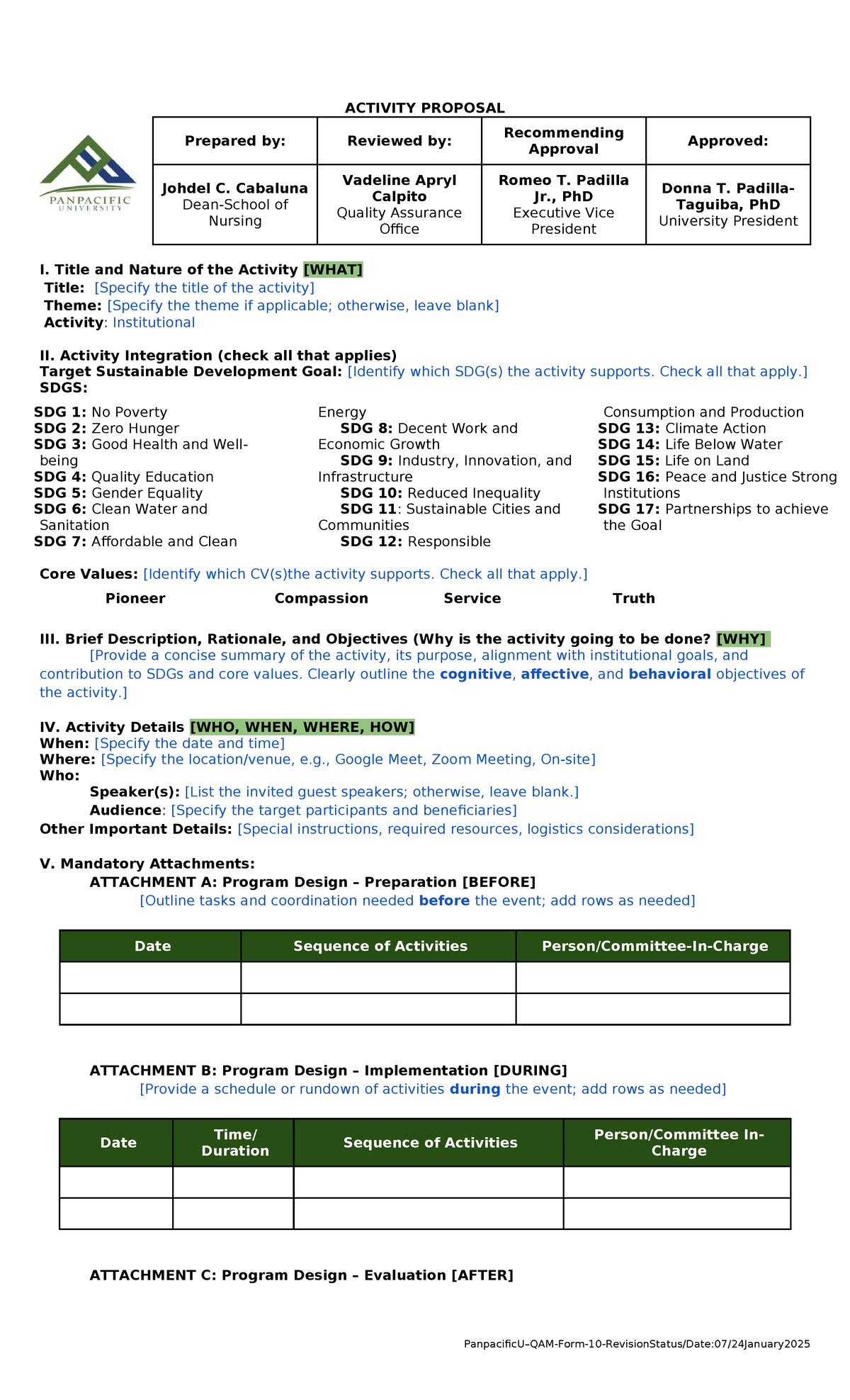 Activity proposal for institutional alignment with SDGs and core values - Studocu