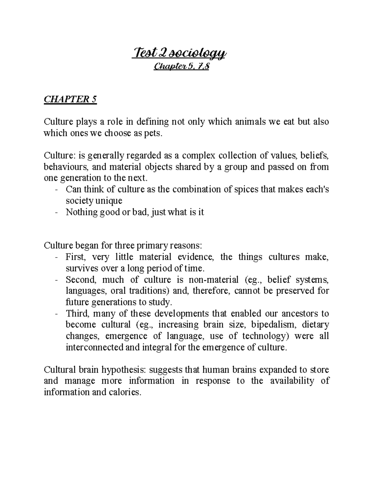 SOCI103 - Test 2 Sociology: Summaries of Chapters 5, 7, and 8 - Studocu