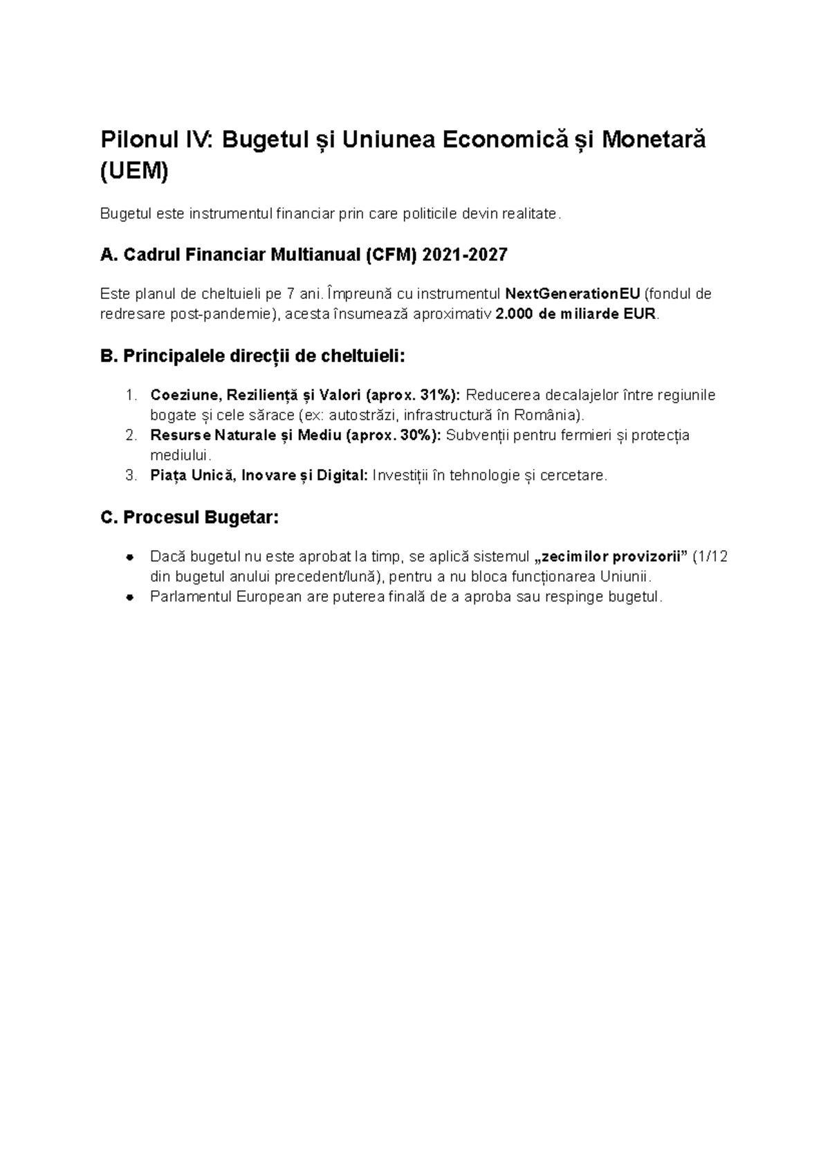 Pilonul IV: Bugetul și UEM - Integrare Economică Notițe - Studocu