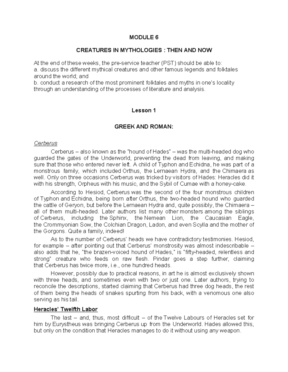 EL112 Module 6 - Creatures in Mythologies: Legends and Insights - Studocu