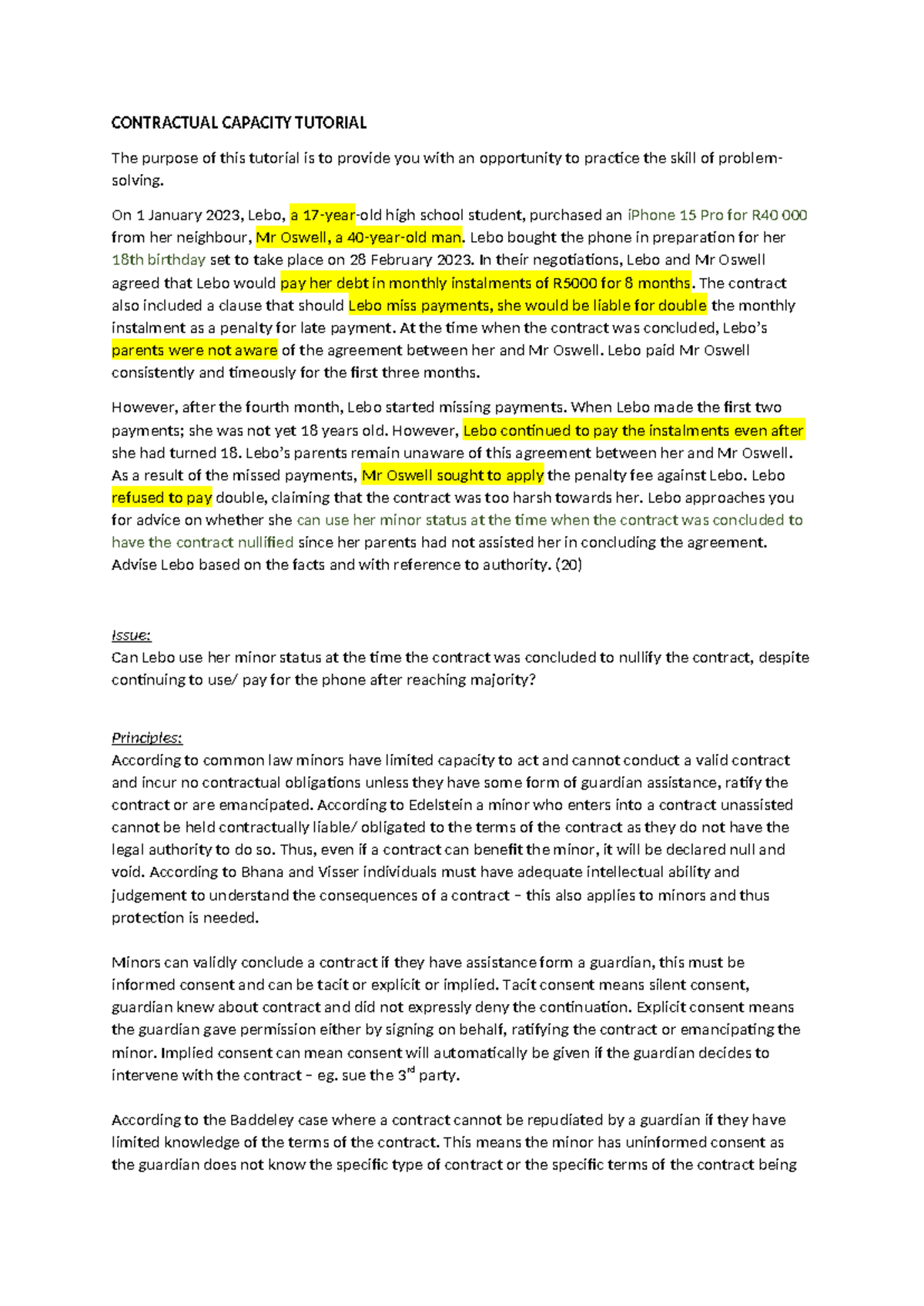 CONTRACTUAL CAPACITY OF A MINOR TUTORIAL - Studocu