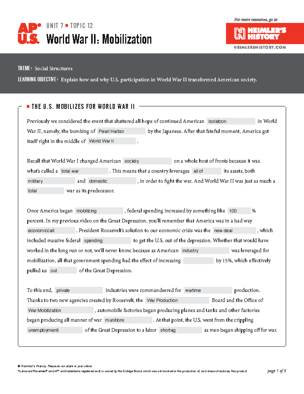 UNIT 7: Topic 12 Review Notes on WWII Mobilization and Social Change ...