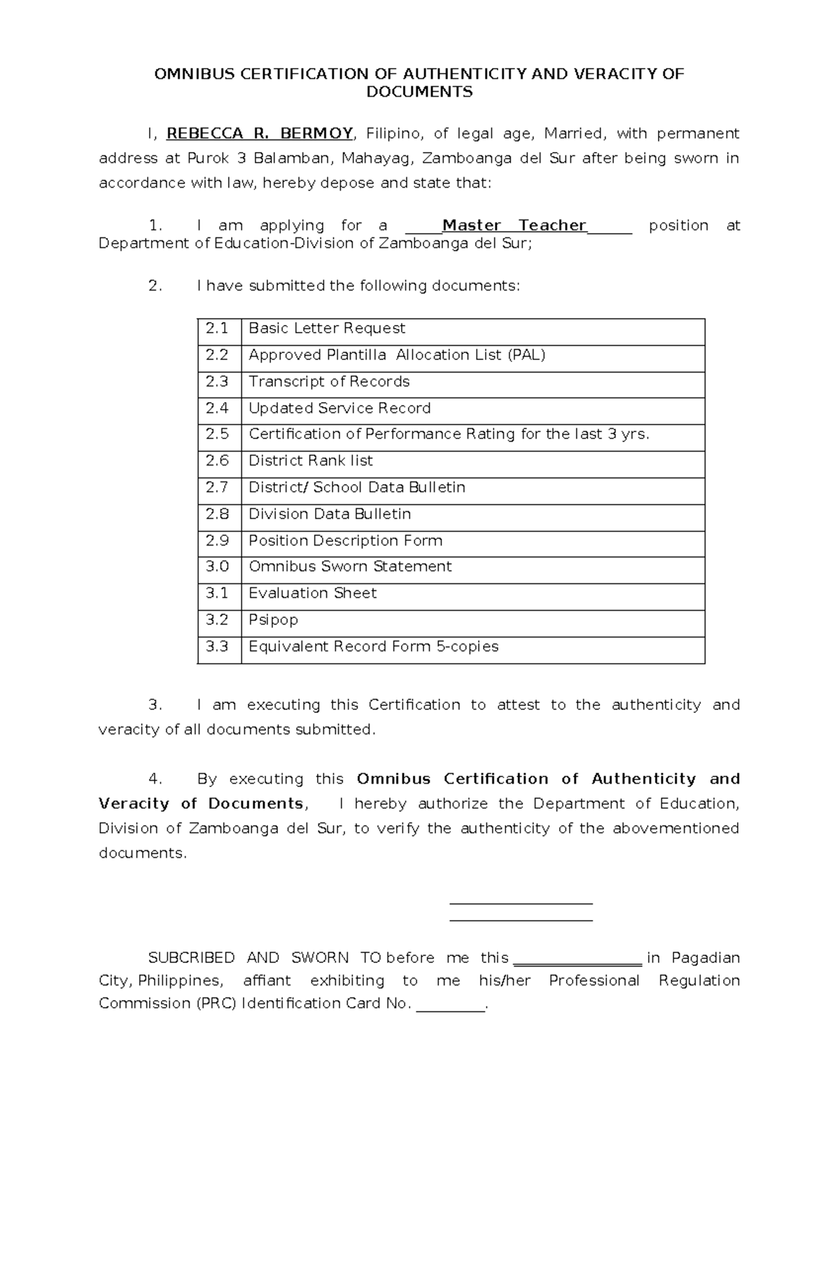 OMNIBUS CERTIFICATION OF AUTHENTICITY & VERACITY OF DOCUMENTS - Studocu