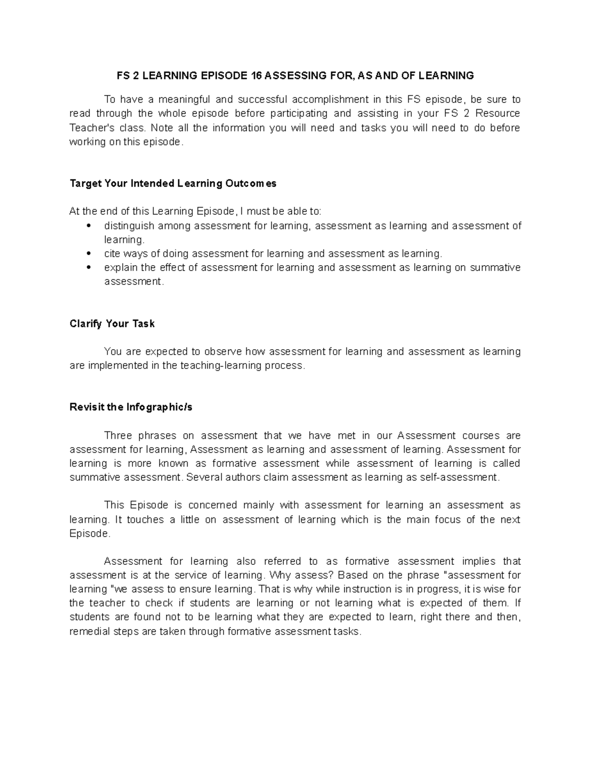 FS 2 Learning Episode 16: Understanding Assessment for and as Learning ...