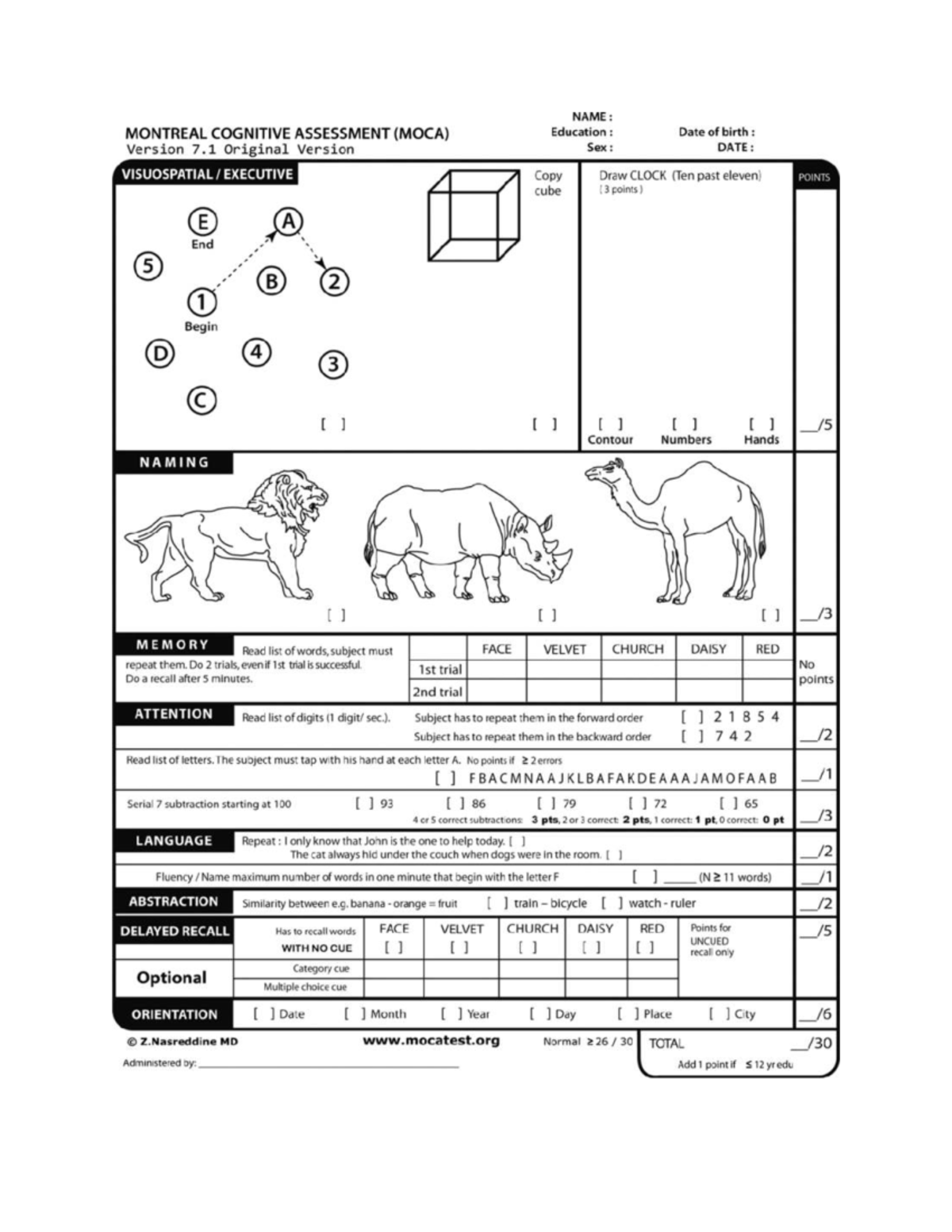 MOCA Assessment (Version 7.1) - Cognitive Evaluation Guide - Studocu
