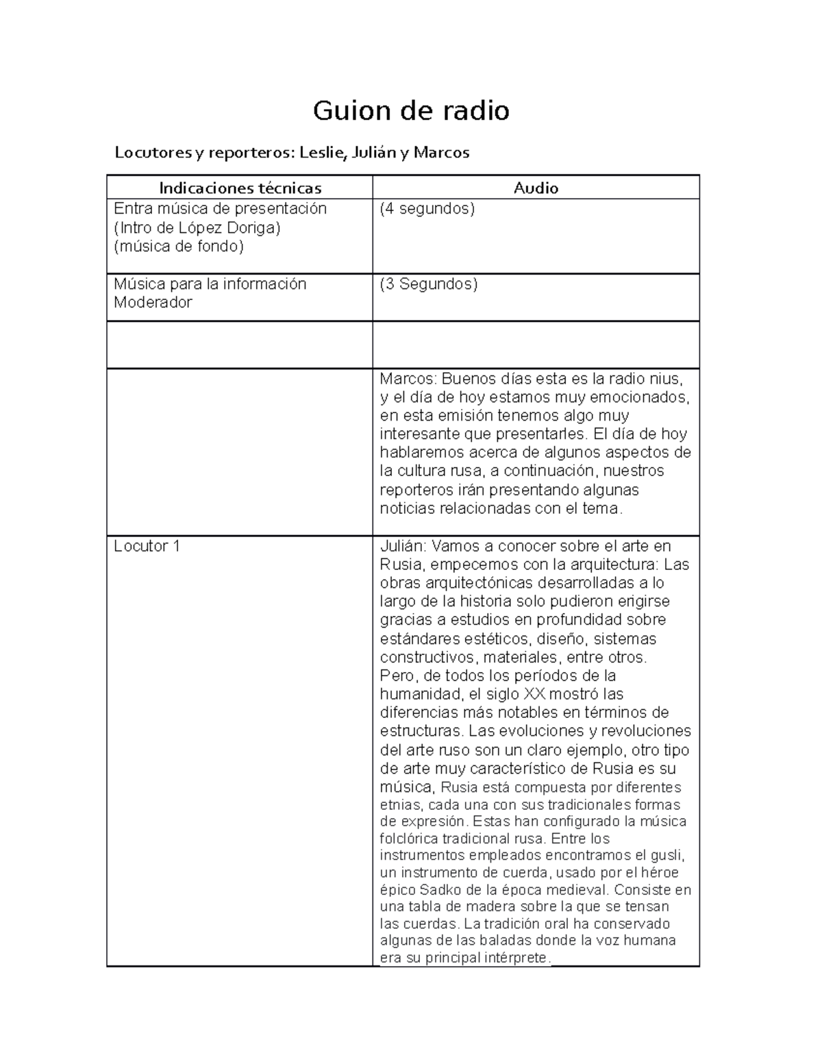 Guion de radio ejemplo - Guion de radio Locutores y reporteros: Leslie ...
