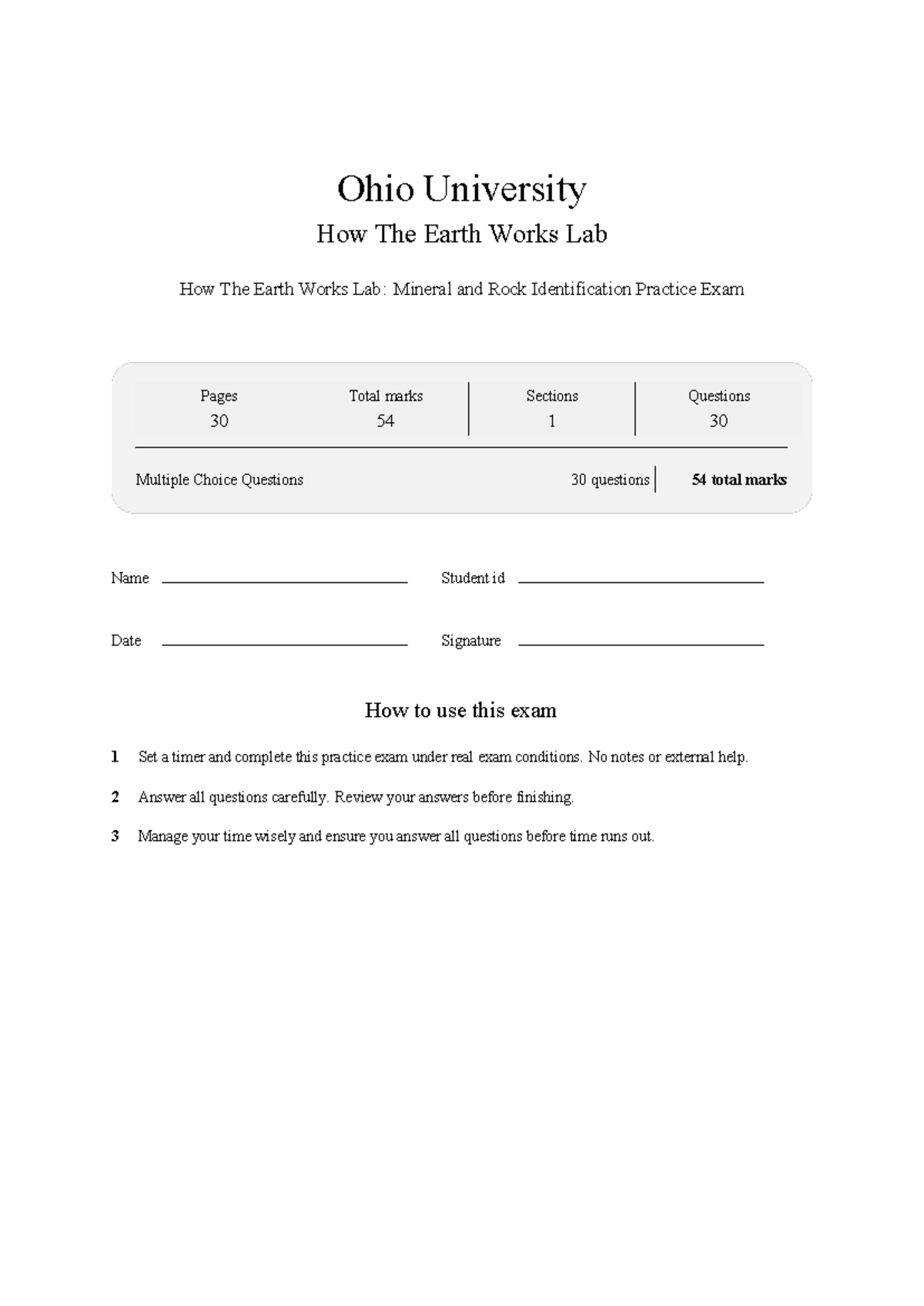 GEOL 1010-100 How The Earth Works Lab: Mineral & Rock ID Mock Exam 2026 ...