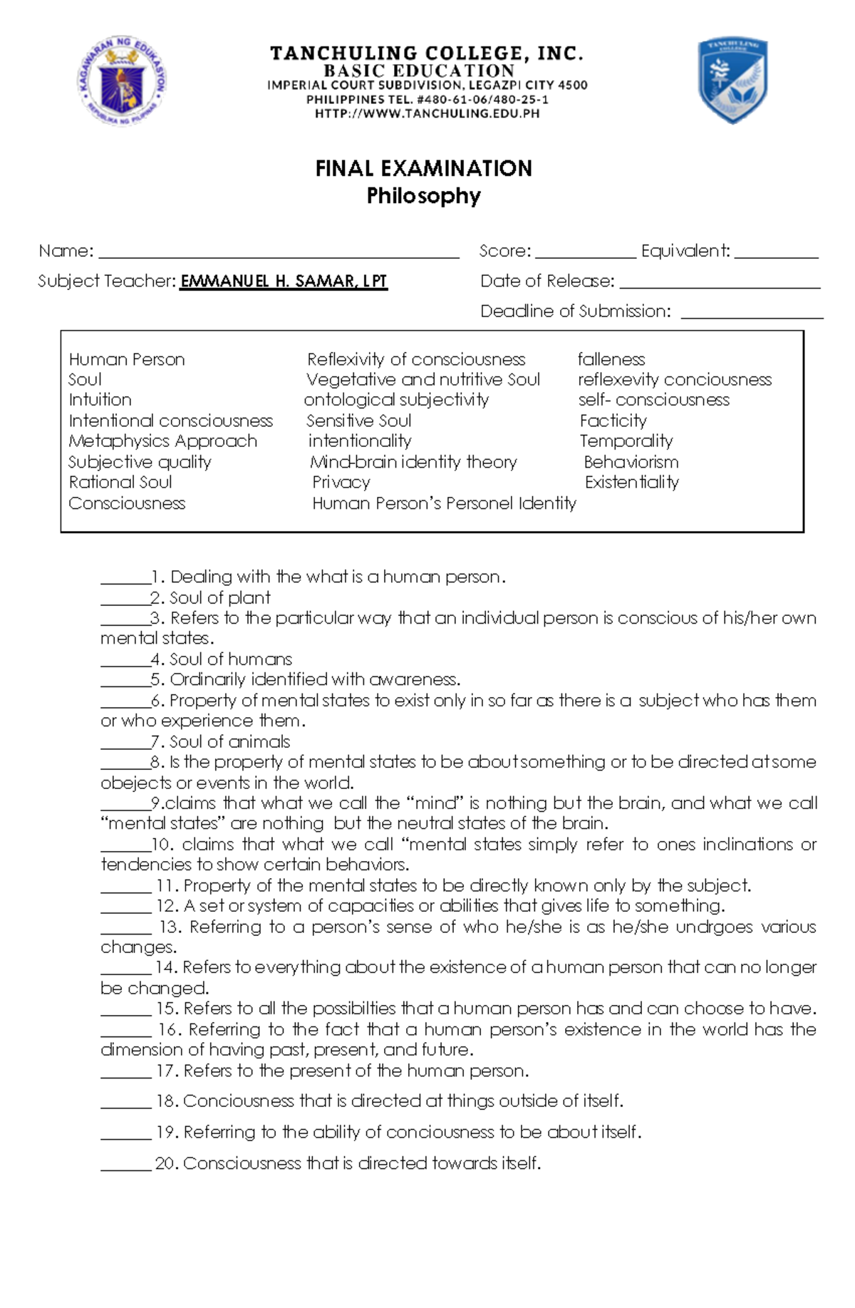 Unit Test Philosophy Final Examination - FINAL EXAMINATION Philosophy ...
