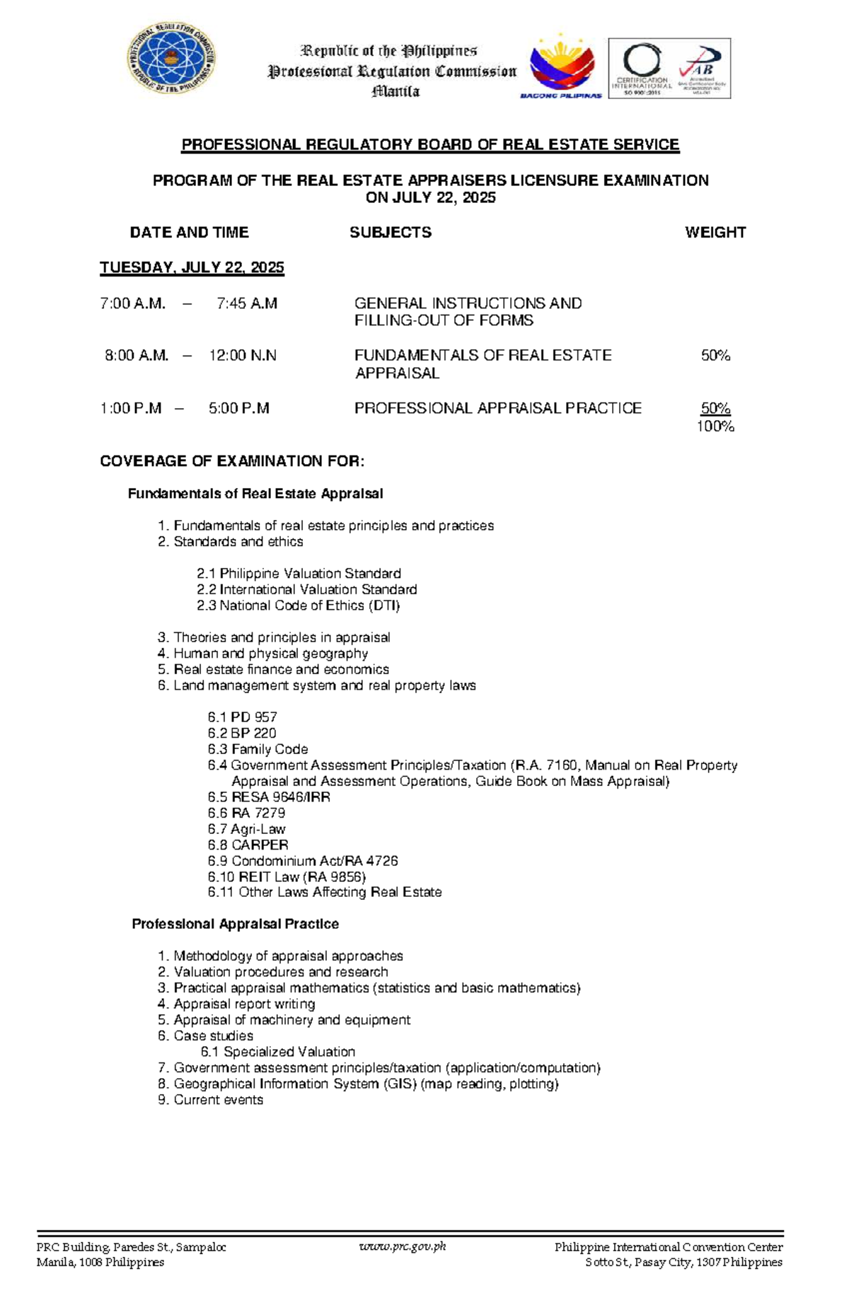 REA 2025: Real Estate Appraisers Licensure Exam Program Details - Studocu