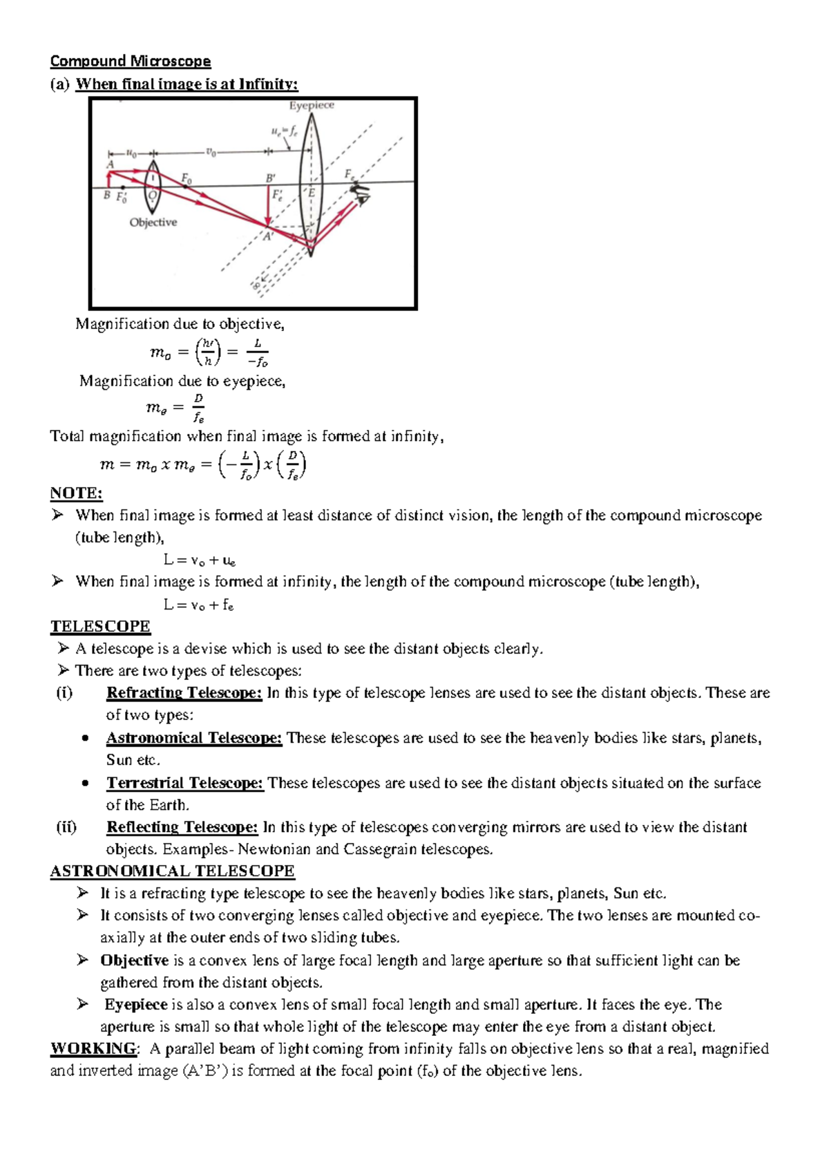 Compound Microscope & Telescope (Taught on 21 - Compound Microscope (a) When final image is at ...