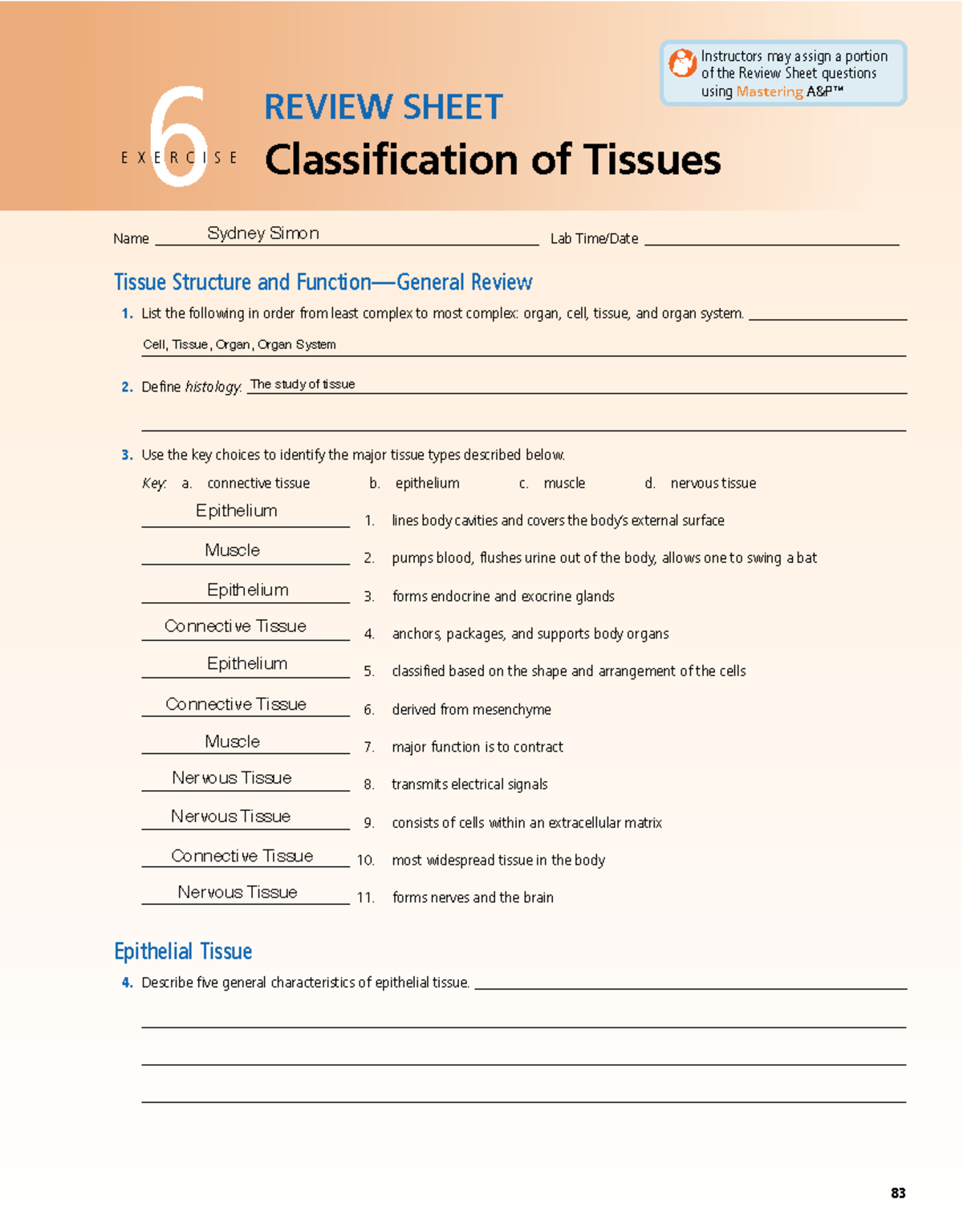 Lab Exercise 6: Classification of Tissues Review Sheet - Studocu
