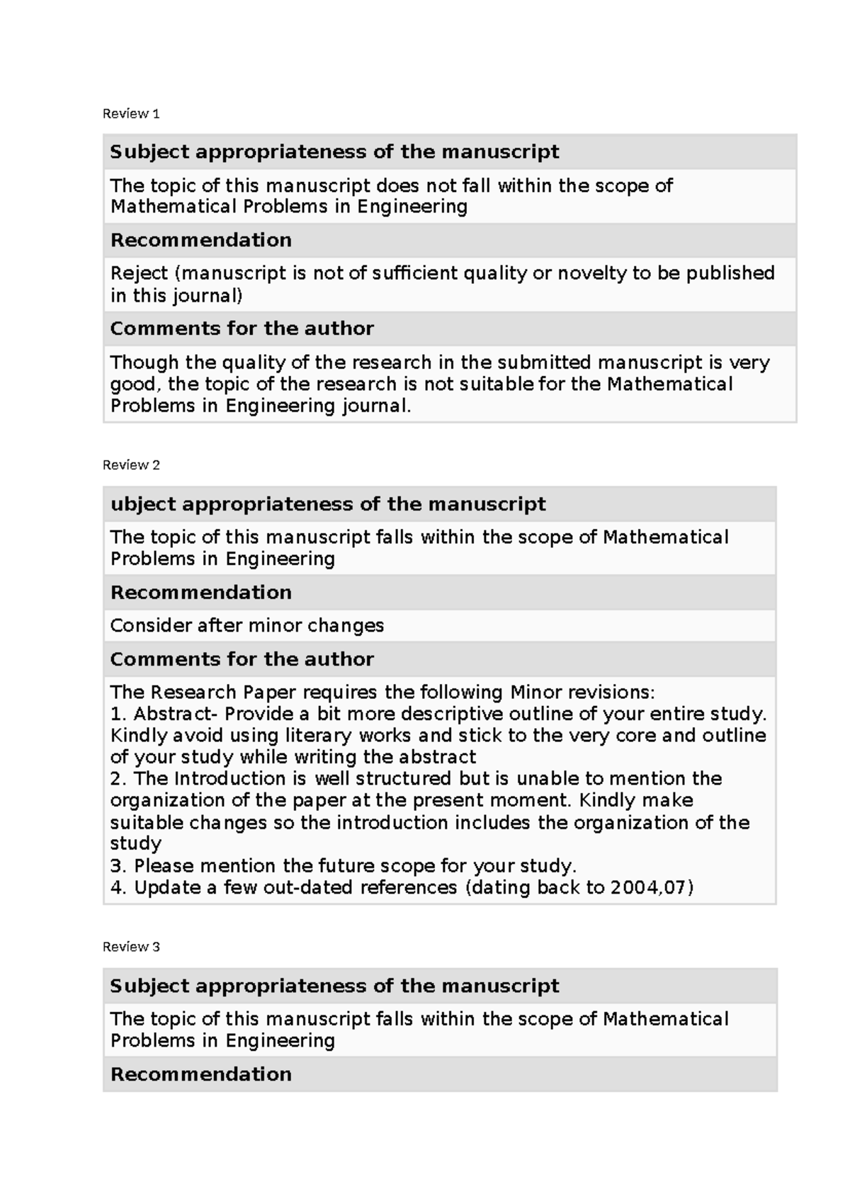 Evaluation of Manuscript: Recommendations and Comments for Authors (MPE ...