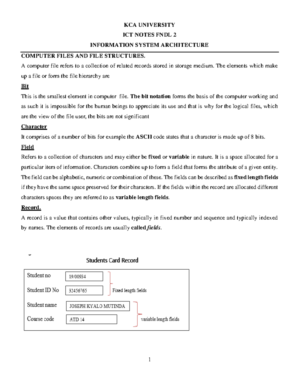 KCA UNIVERSITY ICT NOTES FNDL 2: INFO SYSTEMS ARCHITECTURE & FILE ...